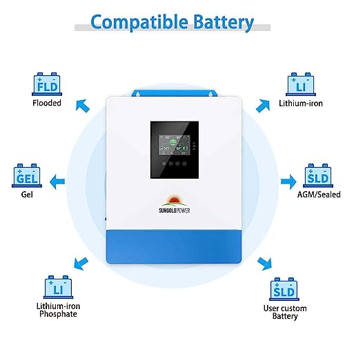 SUNGOLDPOWER 5000W 48 Volt Hybrid Solar Inverter Pure Sine Wave, 120Vac AC Input,120Vac AC Output, 100A MPPT Solar Charger and 40A AC Battery Charger (Parallel&Grid Feedback&Batteryless)