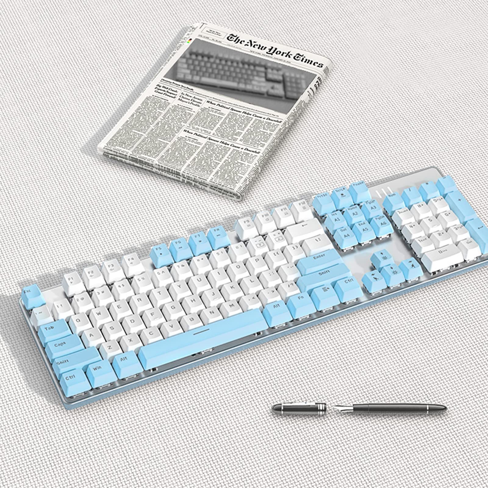 Mechanical Gaming Keyboard 104 Keys Mixed Color with Blue LED Backlit Wired USB Anti-Ghosting Keys Ergonomic Design Metal Panel Keyboard for PC Mac Laptop (Brown Switch, Blue White)