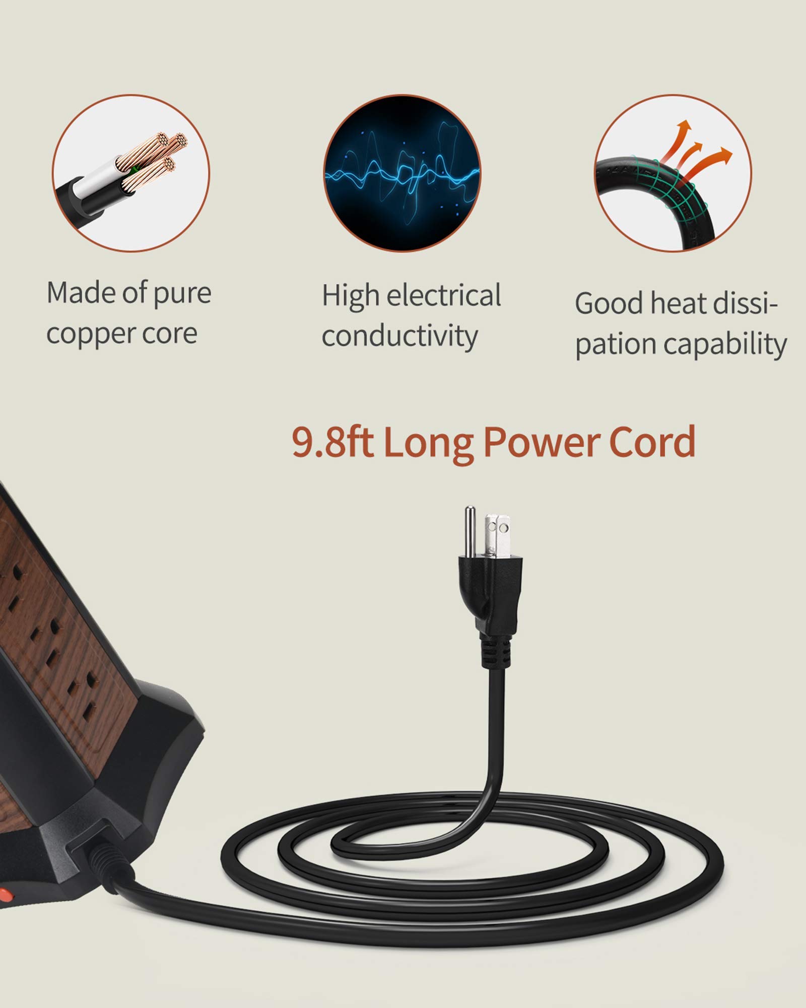 SUPERDANNY USB Surge Protector with 9 AC 4 USB Ports 9.8ft Multiple Electrical Outlet Extender for Home Office Dorm, Black/Wood Grain