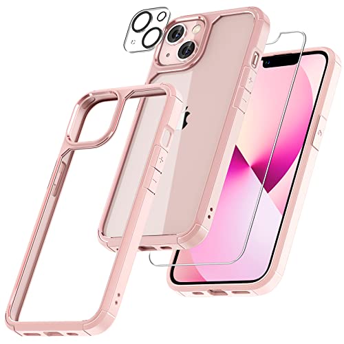 TAURI [5 in 1 Designed for iPhone 13 Case, [Not-Yellowing] with 2X Tempered Glass Screen Protector + 2X Camera Lens Protector [Military-Grade Drop Protection] Shockproof Slim 6.1 Inch Pink…、