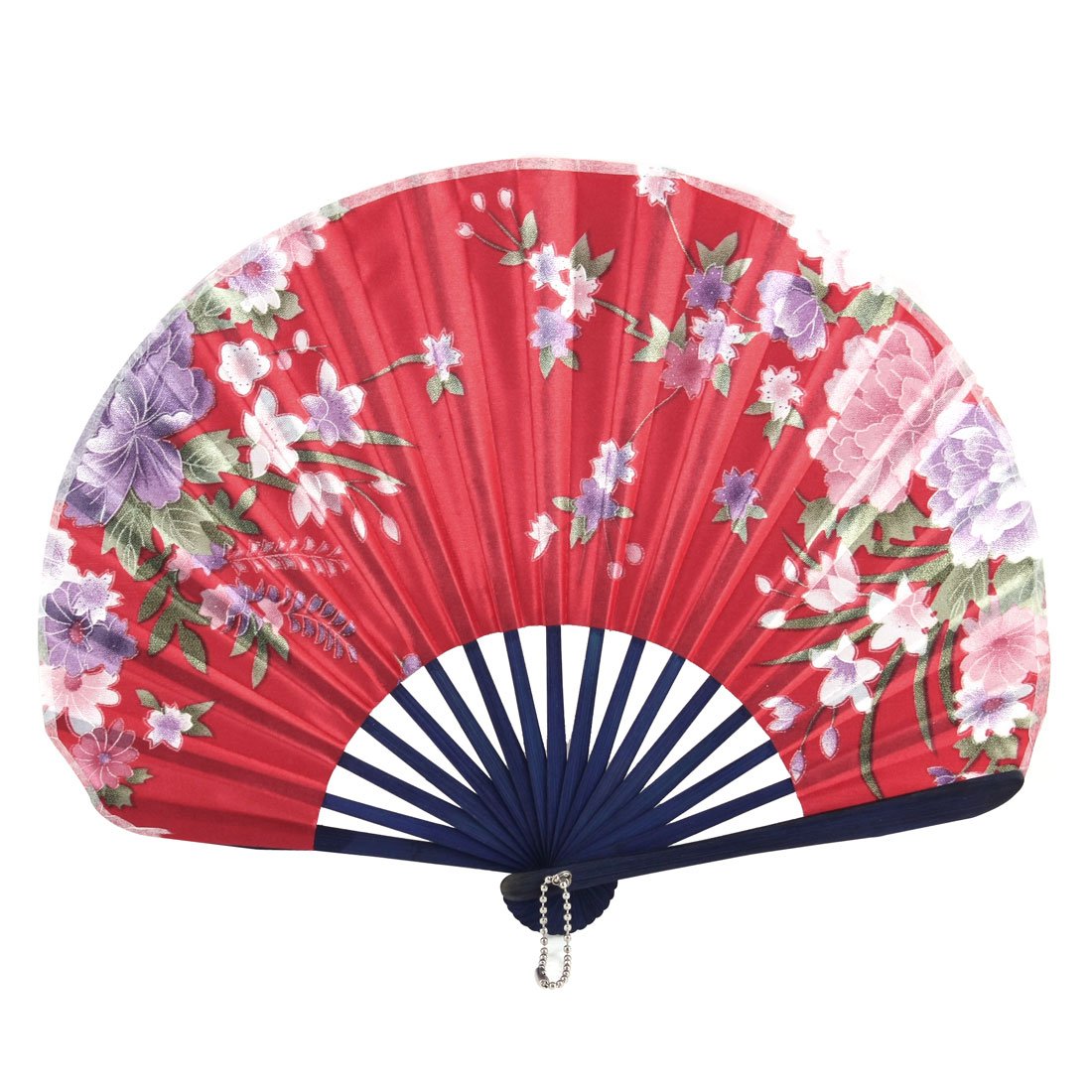 Qtqgoitem Nylon Flowers Printed Non- Ribs Foldable Hand Fan Red w Key Chain (model: 181 33c 78c 53a 745)