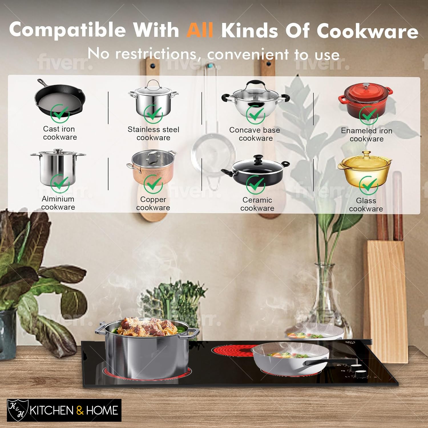 K&H 4 Burner 30 Inch Built-in Electric Stove Top Radiant Ceramic Cooktop Knob Control 240V 7200W CE30-7206K
