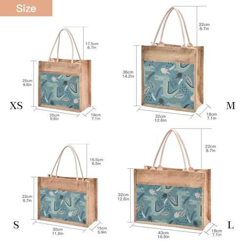 JUNZAN Crocodiles and Leaves Handdrawn Blue Jute Tote Bag Resuable Tote Set Big Bags For Women for Burlap Gift Canva Gift 16.9 x 12.6 Inch