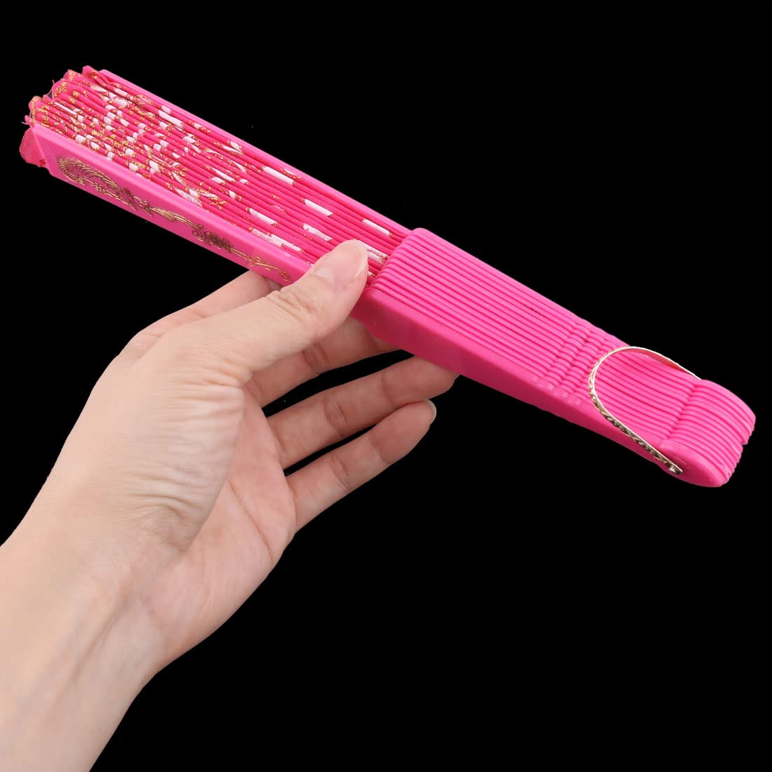 Qtqgoitem Polyester Flower Printed Festival Dancing Folding Handle Fan 23.5cm Length Fuchsia (model: 41c 226 d12 3b3 393)