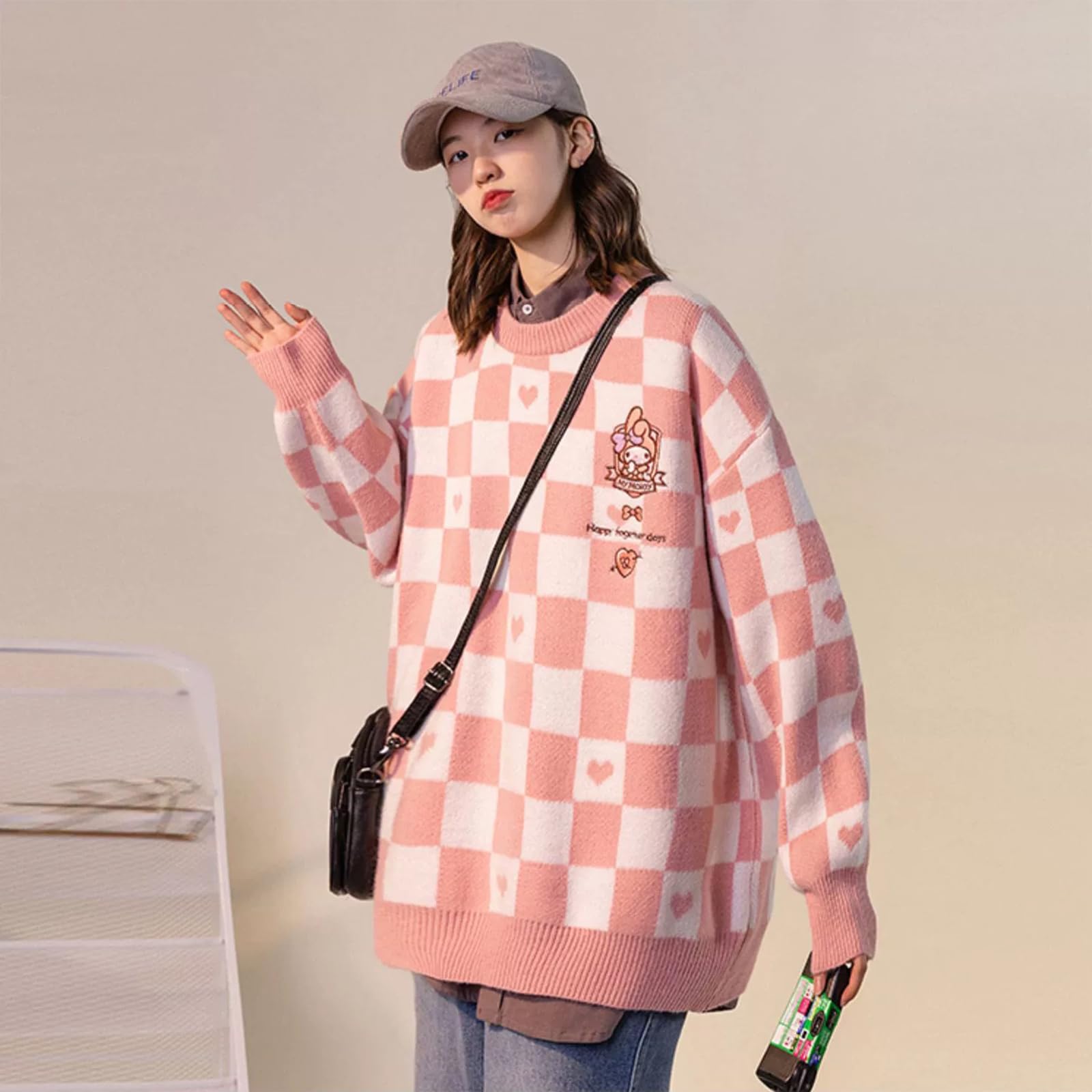 Kawaii Plaid Sweaters Anime Knitted Outerwear for Women Cosplay Costume Casual Oversized Sweater Pullover (as1, alpha, m, regular, regular, Black)