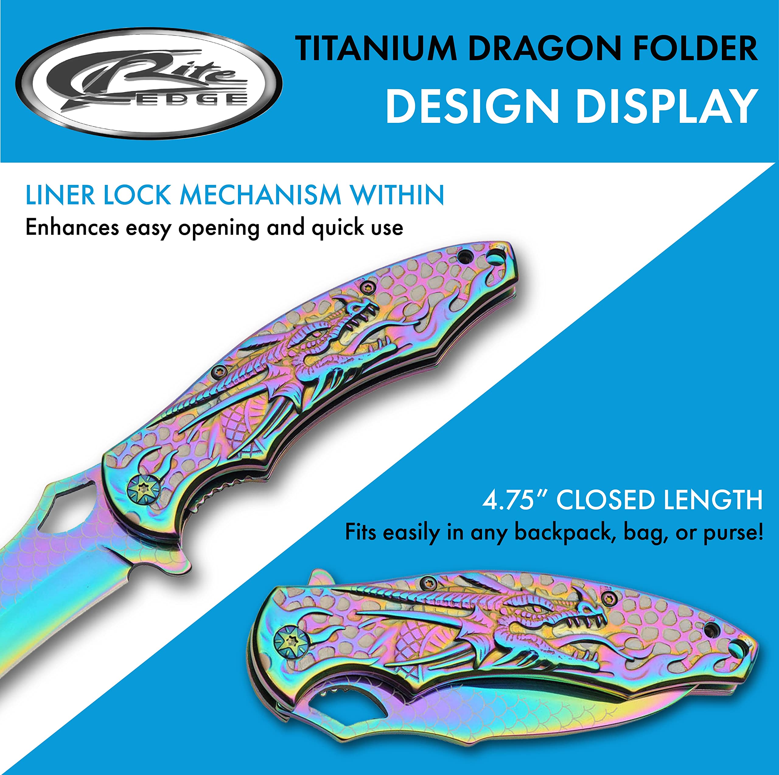 SZCO 8.5β Titanium Finished Rainbow Dragon EDC Folding Knife With Pocket Clip (300580-RB)