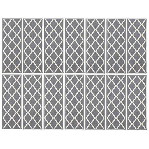 Machine Washable Moroccan Trellis Design Non-Slip Rubberback 8.5" x 26" Traditional Indoor Stair Treads for Wooden Stairs, 14 Pack, Gray