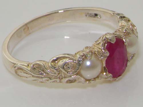 LetsBuyGold 925 Sterling Silver Real Genuine Ruby and Cultured Pearl Womens Promise Ring - Size 9