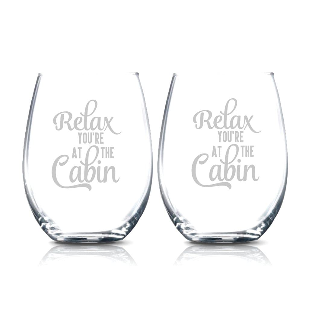 Log Home Decor Stemless Wine glasses Set of Two - Gifts for the Cabin - Retirement Gifts for Men