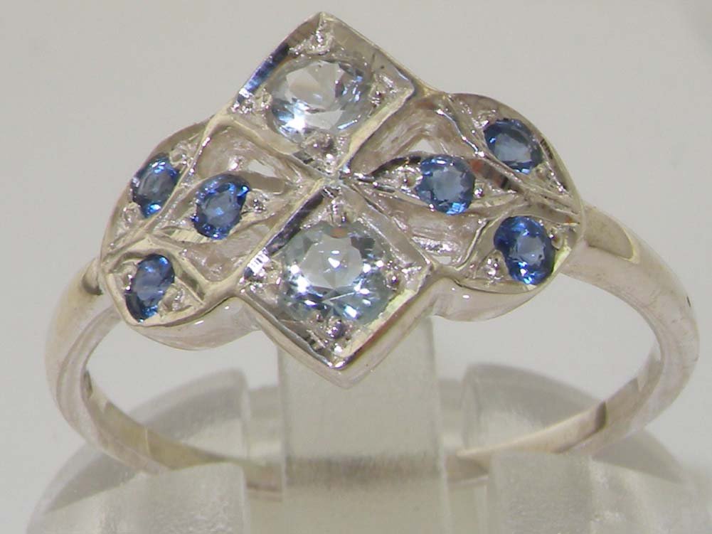 LetsBuyGold 925 Sterling Silver Natural Aquamarine and Sapphire Womens Cluster Ring - Sizes 4 to 12 Available