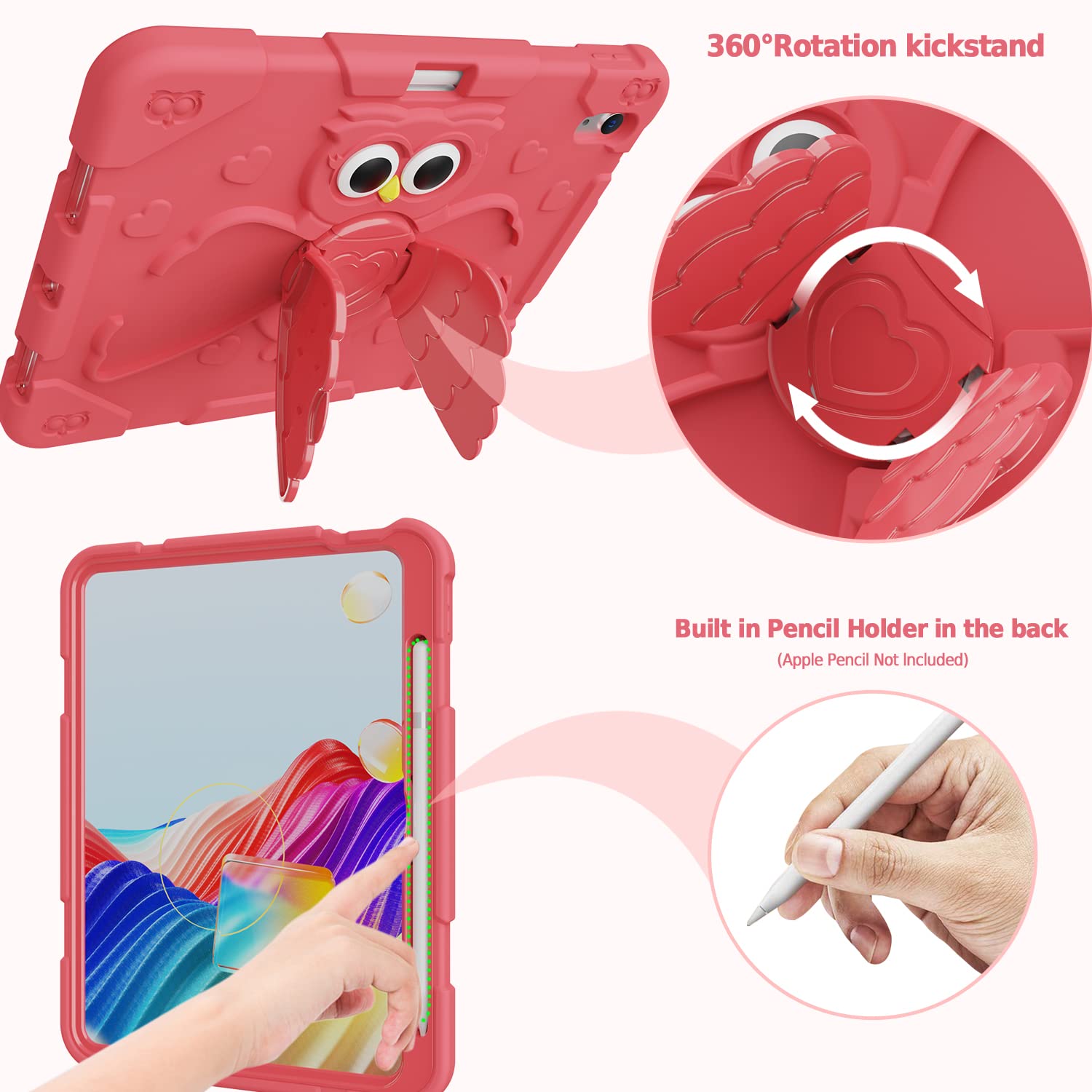 SPIUST for iPad 10th Generation Case, Built-in Cute Owl Kickstand & Pencil Holder for Kids, Heavy Duty Shockproof Rugged Three Layer Protective Cover for iPad 10.9 Inch (2022) - Rainbow