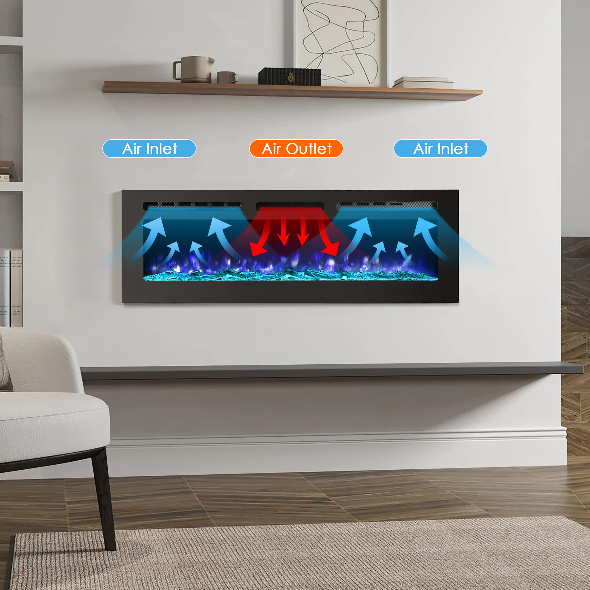 PAOLFOX Electric Fireplace Inserts,50 inch Electric Fireplace,Electric Fireplace Wall Mounted,Electric Fireplace,Wall Fireplace Electric with Remote Control,Electric Fireplace Recessed