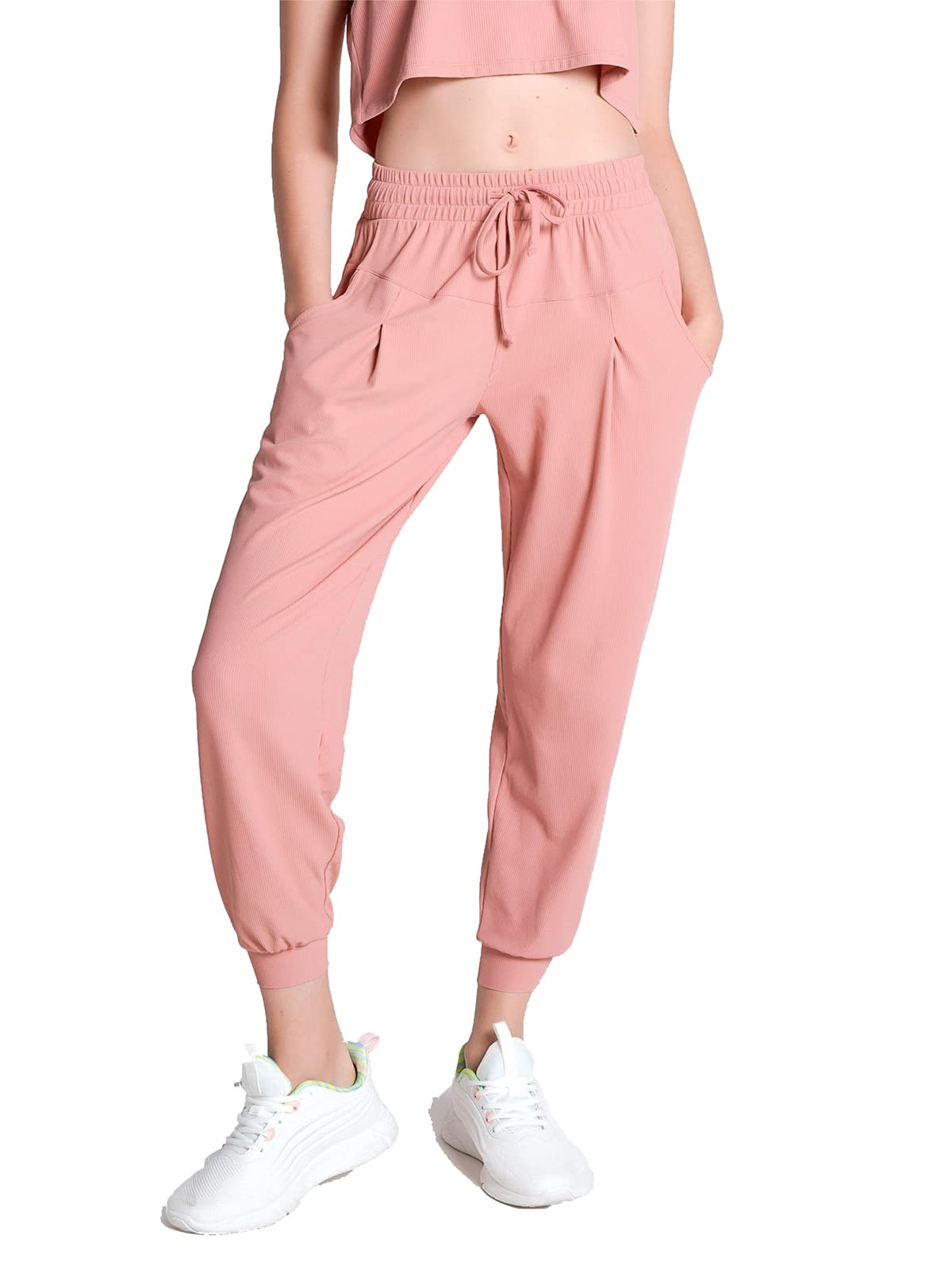 Rataves Women's Athleisure Pants Lightweight Running Sweatpants with Pockets Athletic Tapered Casual Pants for Workout,Lounge Pink S