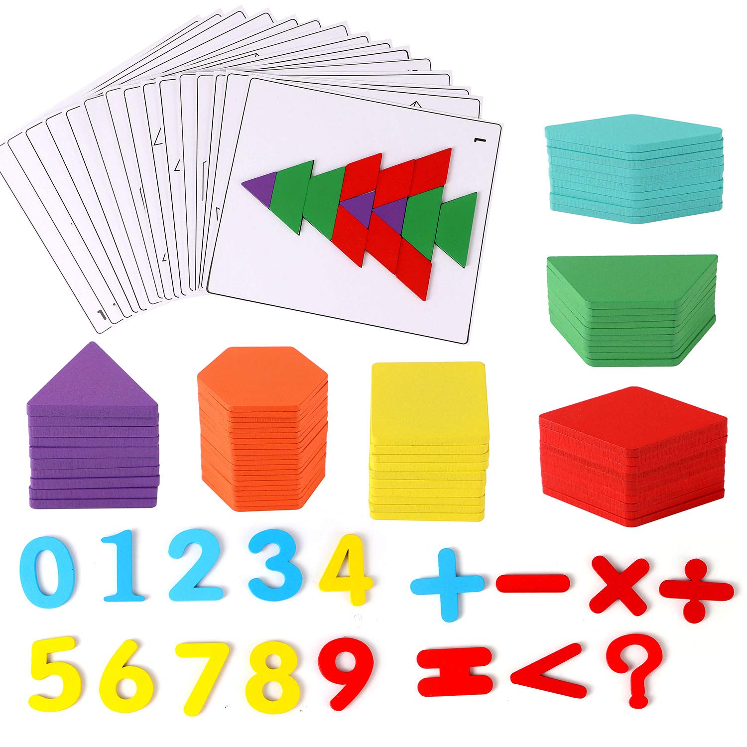 Lewo 203 PCS Pattern Blocks Set Activity Cards Wooden Geometric Shape Puzzles Tangrams Set Educational Toys for Kids