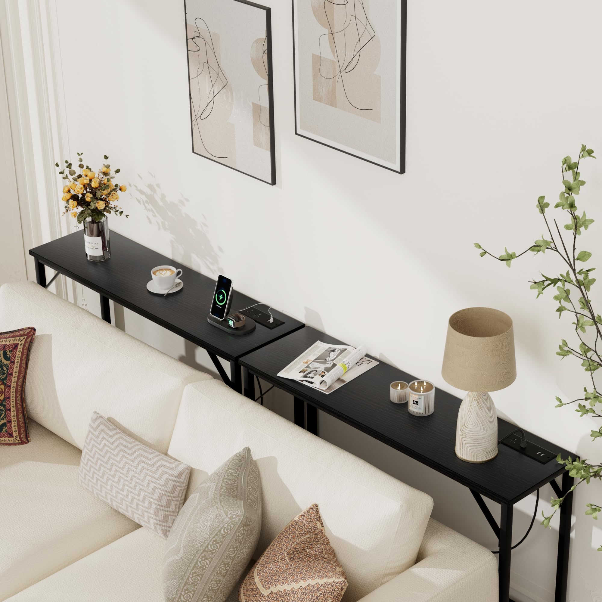 IDALHOUSE Narrow Console Table, Black Sofa Table with Outlets, Behind Couch Table for Living Room, Hallway Table for Entryway-Black