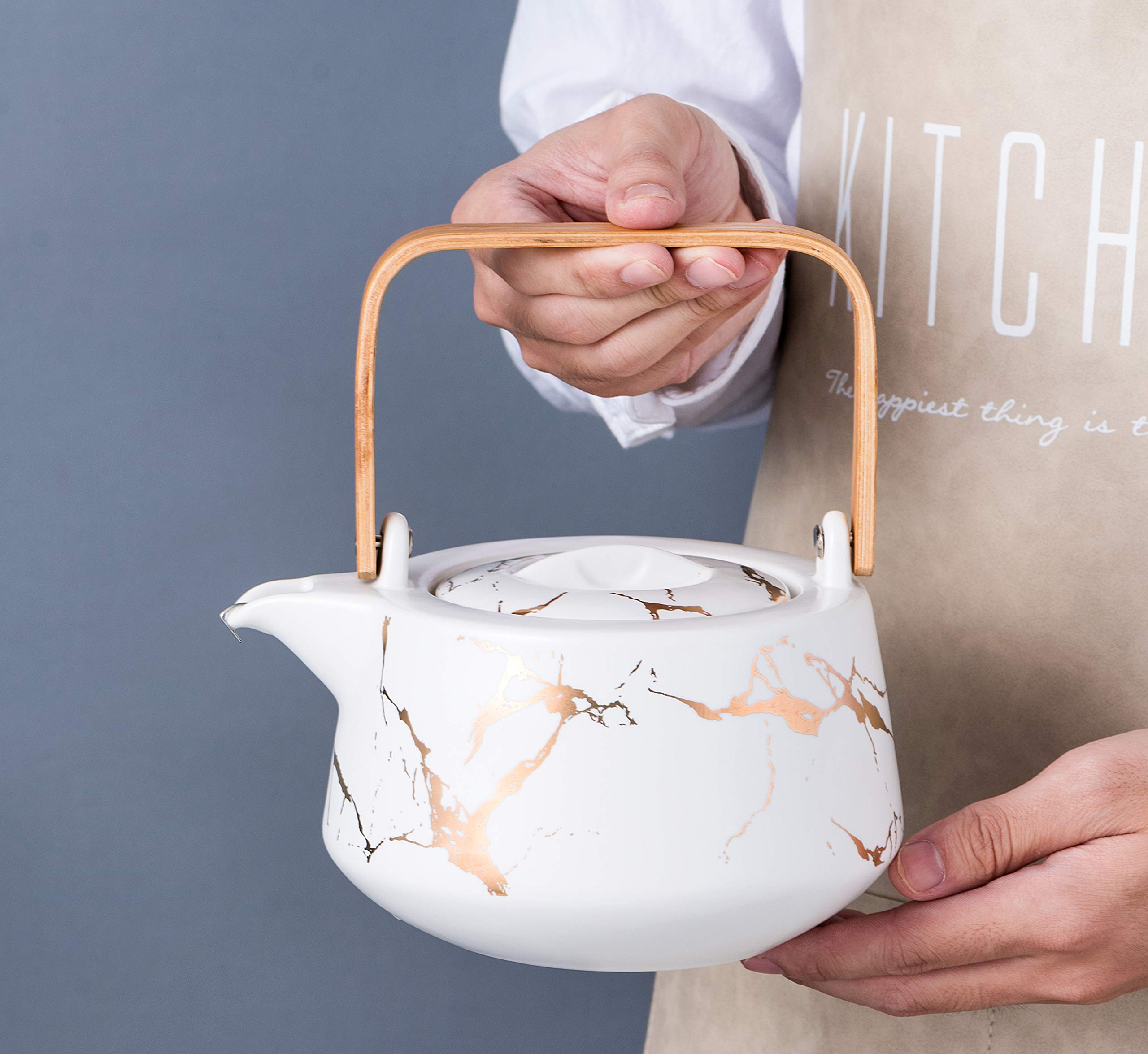 Jusalpha Marble Porcelain Teapot Set, Modern Japanese Tea Pot with Infuser for Loose Tea (40 OZ), 4-Piece Tea Cups (6.7 OZ) with Bamboo Tray - Tea Cups Set for Home and Restaurant, FDJPT4 (White)