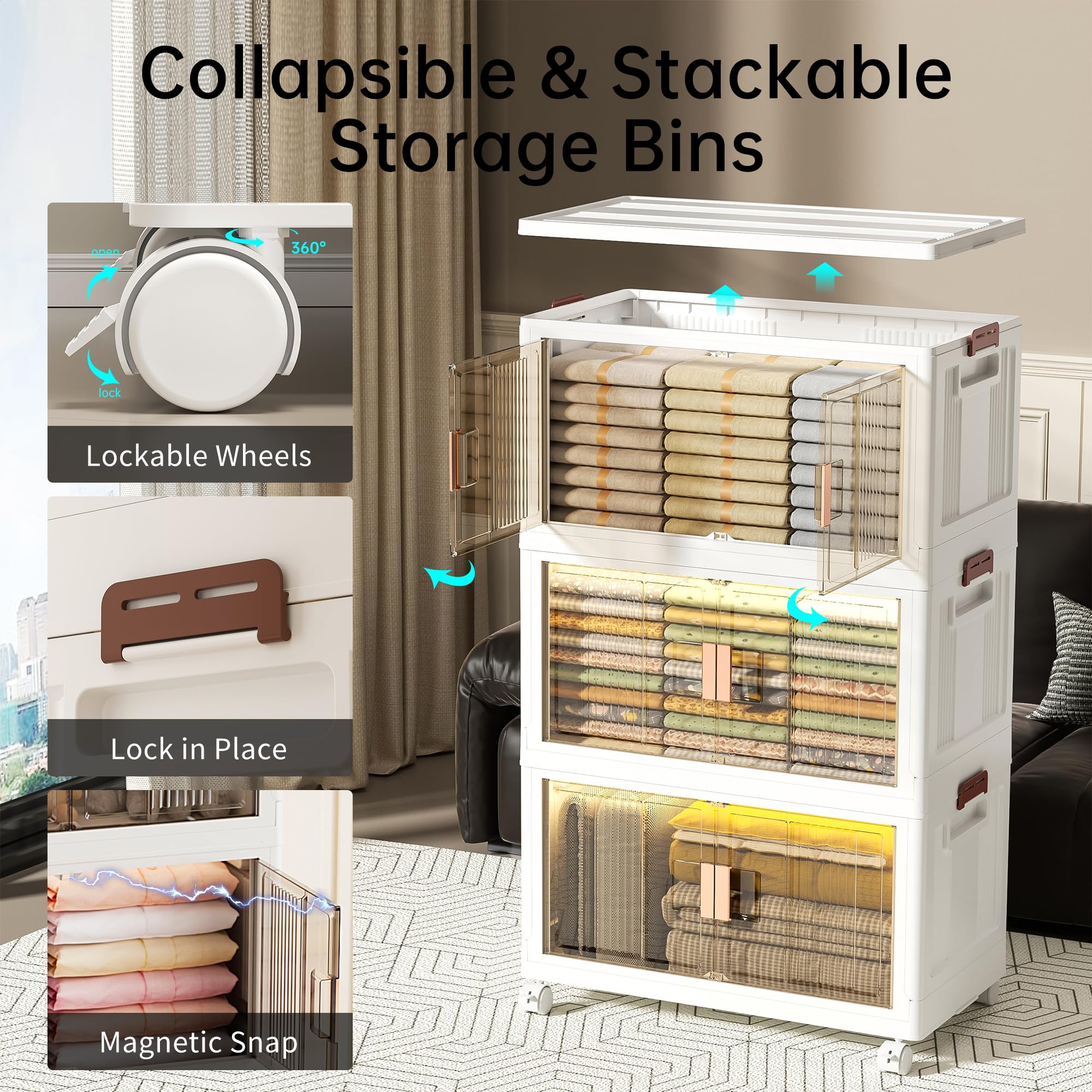 UFORU 20gal/80QT 3 Pack Stackable Plastic Storage Bins Open Front with Wheels, Folding Storage box with Doors, Collapsible Closet Drawers Organizers