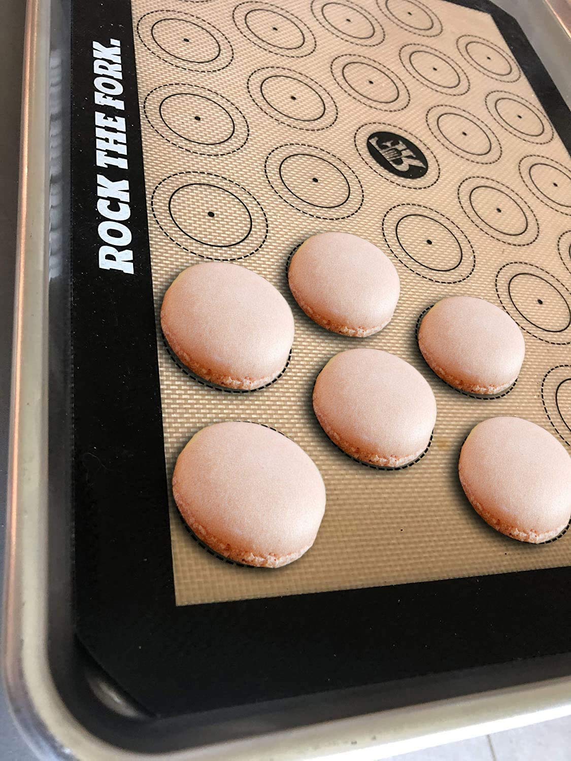 Rock the Fork Macaron Mats (Premium 2-pack) NonStick Silicone Macaron Sheets. Macaron Silicone Baking Mats are designed for style & function by Chefs for Chefs. 11 5/8 x 16 1/2 Inch