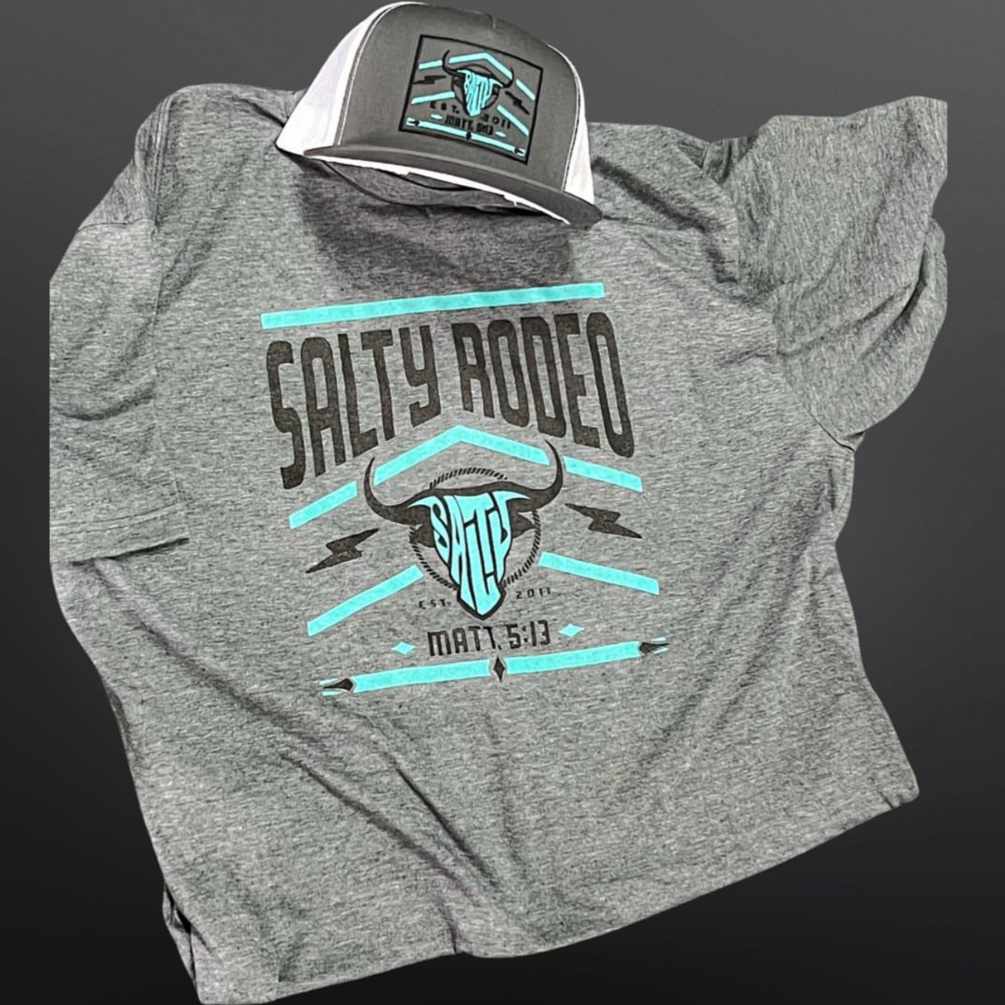 Salty Rodeo Turquoise Lightning Hat - Tall Crown Grey Yupoong Snapback Western Wear Snapback - One Size Fits Most