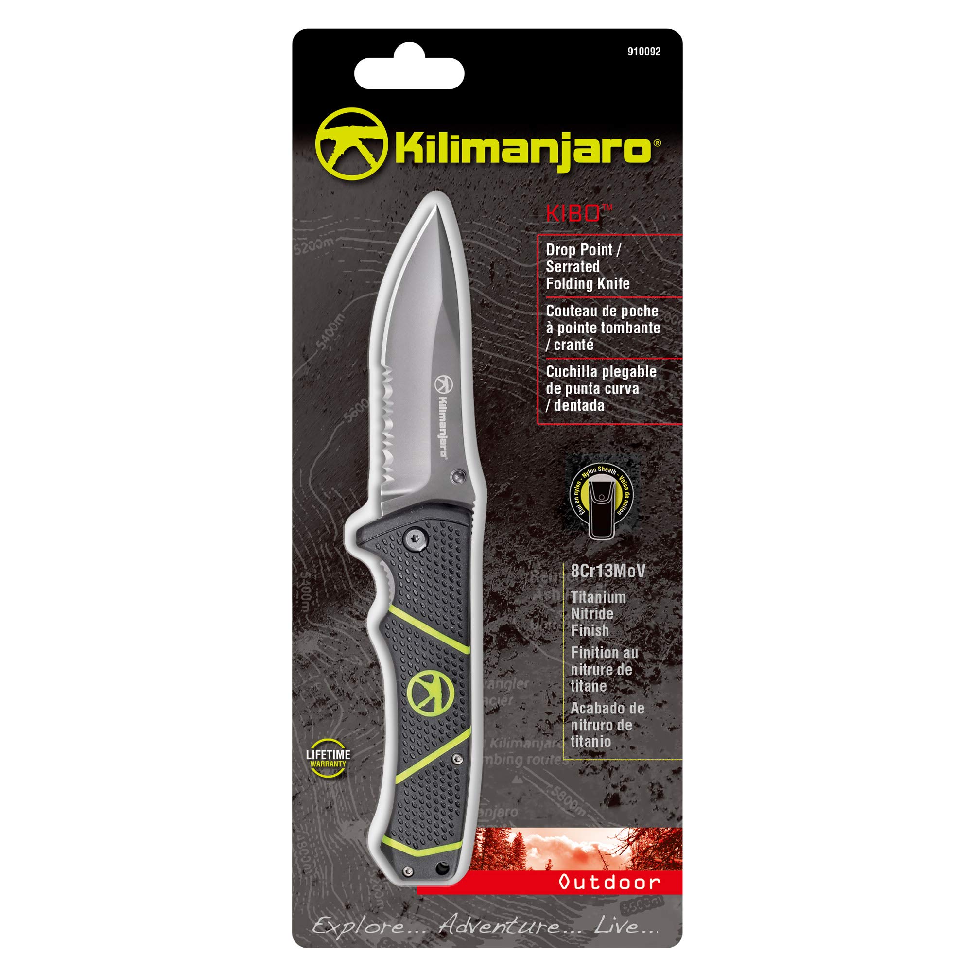 Kilimanjaro Drop Point Folding Knife, Pocket Knife for Outdoors, Camping, Hunting, Fishing, Serrated Blade, Kibo Black 910092