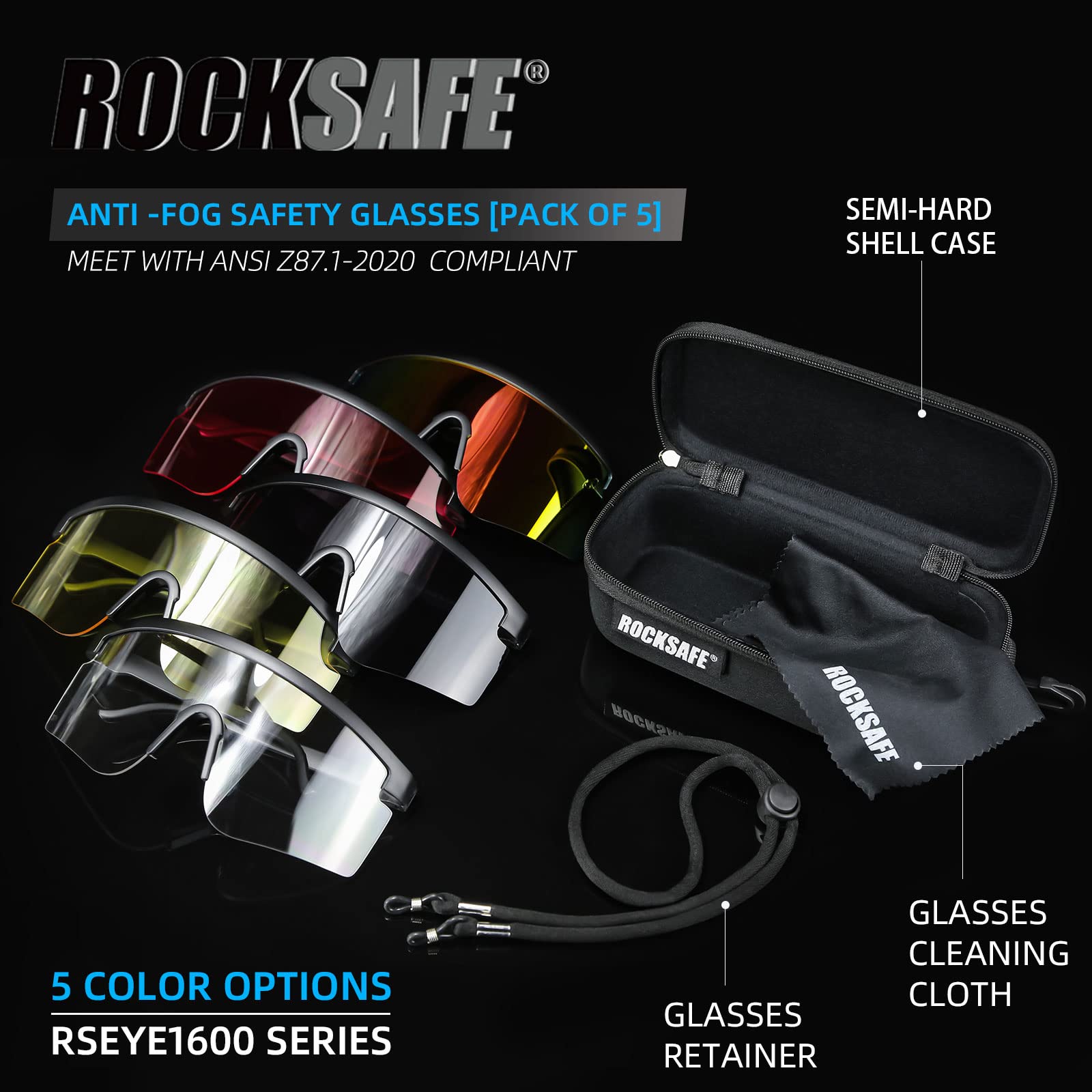 ROCKSAFE Z87.1 Anti-Fog Safety Glasses, Lightweight Polycarbonate Impact Resistant, Oversize UV Protective Eyewear [Pack of 1]
