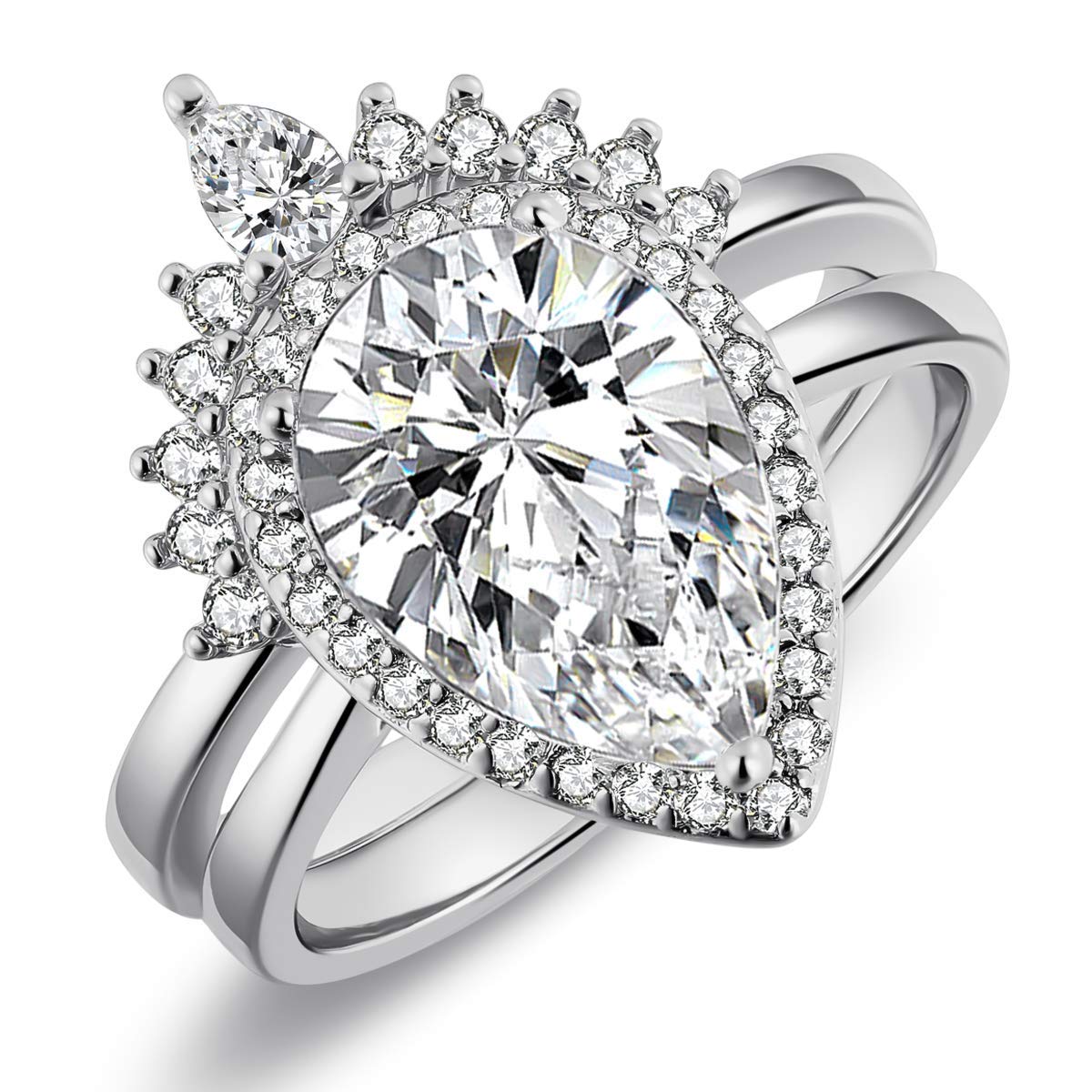LAZLUVU 4.85 Carat Teardrop Cubic Zirconia Rings Set Wedding Engagement Promise White Gold Stackable Ring for Women Mothers Rings Gift Size 5