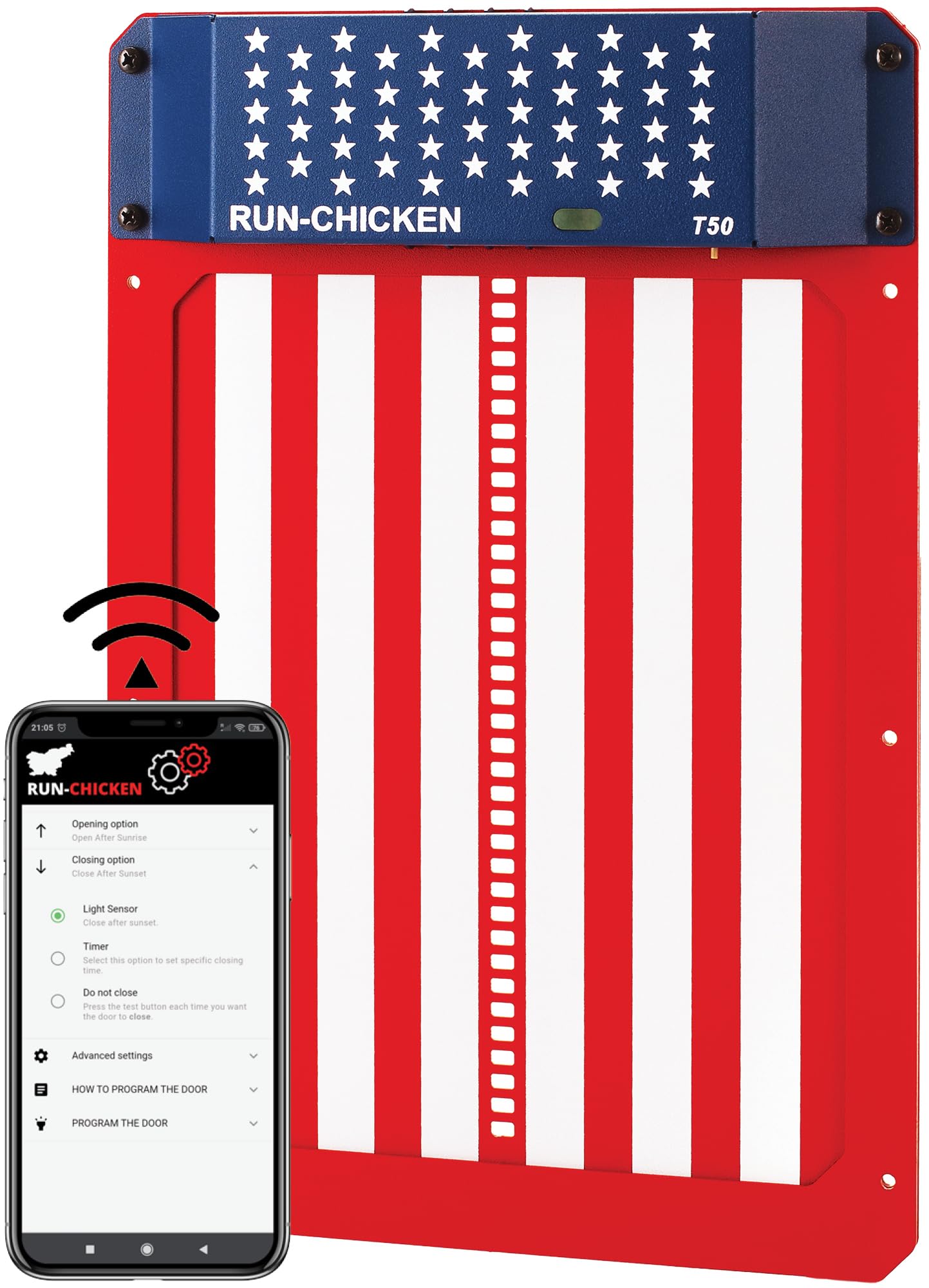 RUN-CHICKEN Automatic Chicken Coop Door Opener with Timer, Programmable Light Sensor, Battery Powered, Delay Options, Aluminum, Model T50, (USA Special)