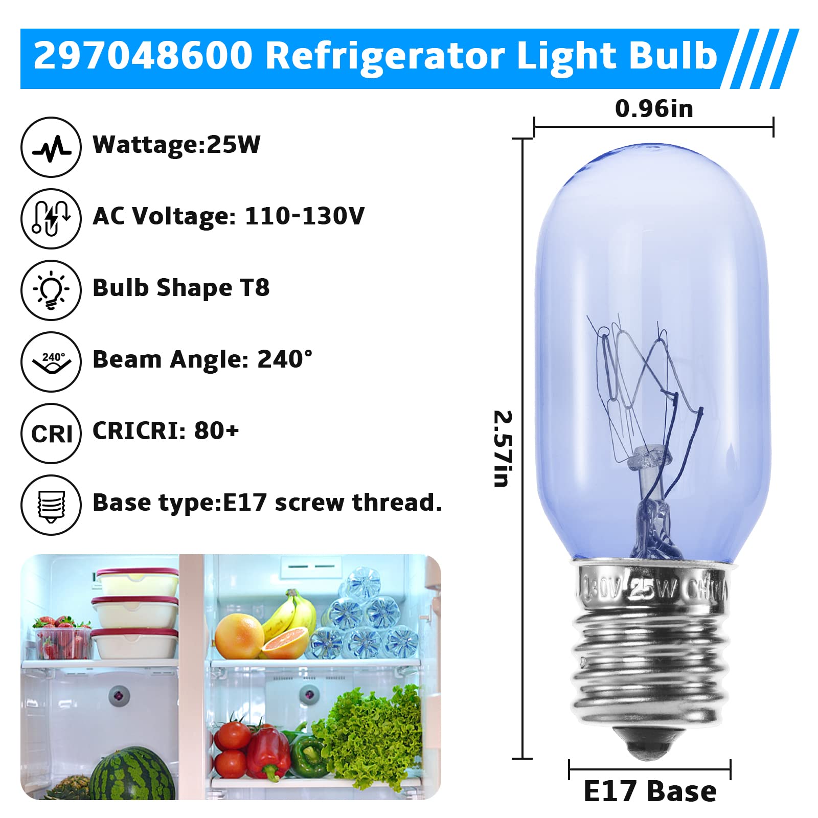 JIOTAR 25W 297048600 Refrigerator Light Bulb for Frigidaire T8 E17 Refrigerator Light Bul 241552802 AP3770086 AP3867287-2 Pack