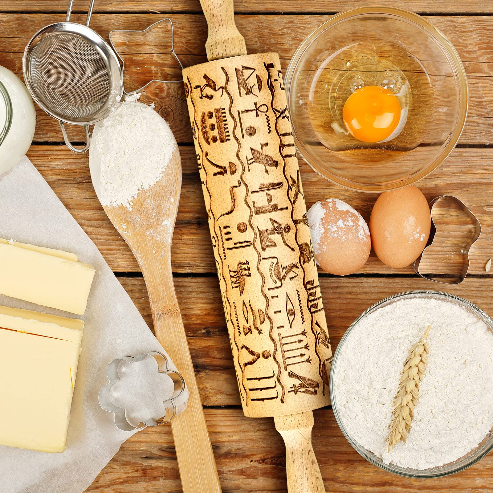 Rolling Pins for Baking Egypt Hieroglyphs Engraved Embossing Rolling Pin 15 Inches Embossed Rolling Pin Kitchen Tools for Egyptian Theme Baking Embossed Cookies for Women Mom Birthday Gift