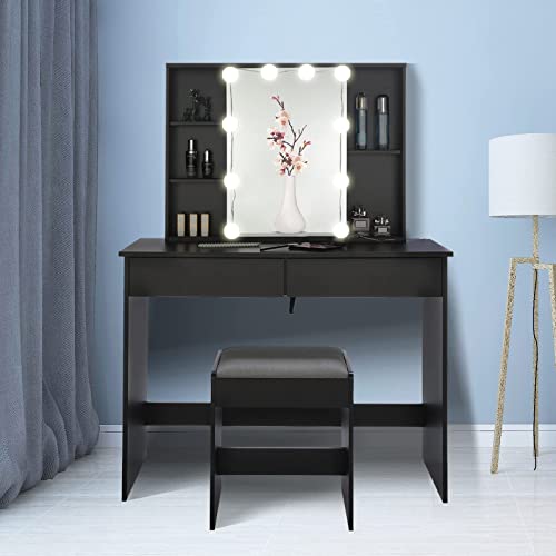 Makeup Vanity Desk with Sliding Lighted Mirror for Christmas Day, Makeup Table Vanity Desk with 2 Large Drawers, 3 Color Lighting Modes, Brightness Adjustable, Vanity Table for Women Girls, Black