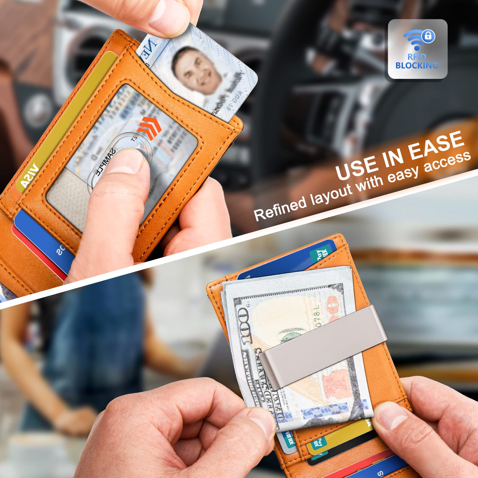 KS Mens Wallet Gift Airtag or Standard Use,Slim Front Pocket Leather Wallet Money Clip 11 cards RFID Blocking