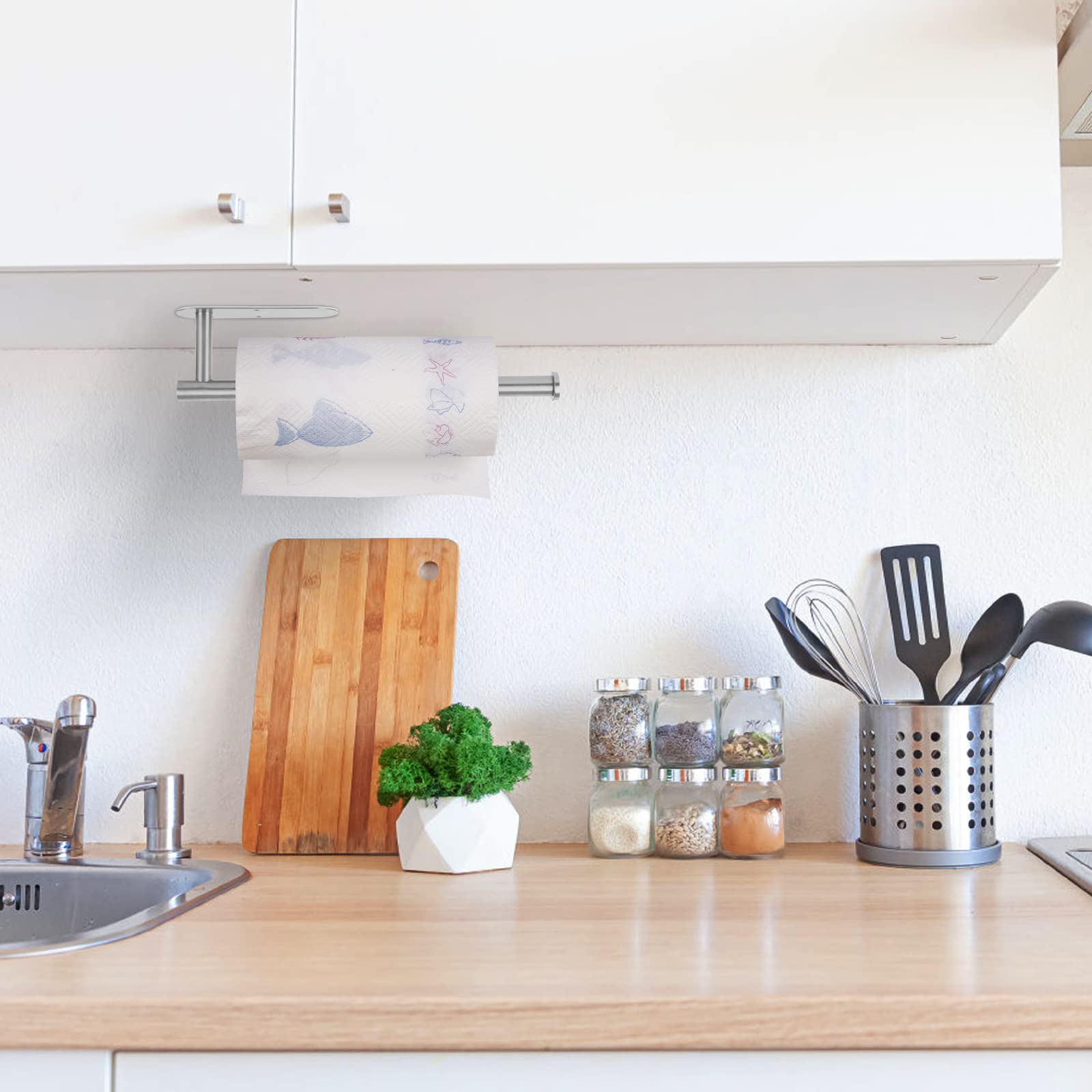 Paper Towel Holder Under Cabinet,Kitchen Wall Mount Stainless Steel Paper Towel Holder, Self-Adhesive or Screw Mount, for Kitchen and Bathroom.Silver 2pack