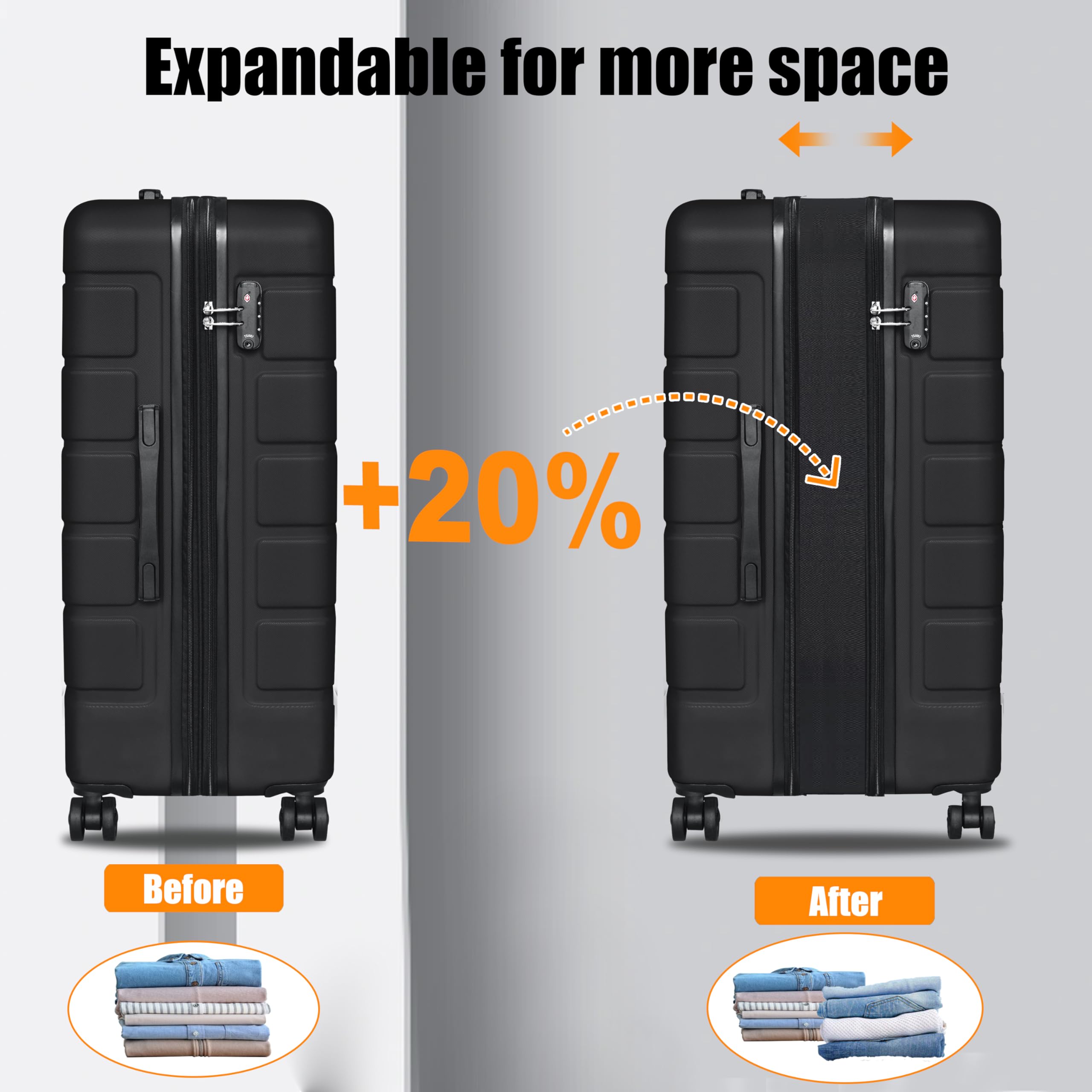 Keytang Explorer Lightweight Hardside Expandable Luggage Spinner Wheels Suitcase W/TSA Lock, Signal Black, 3 Piece Set