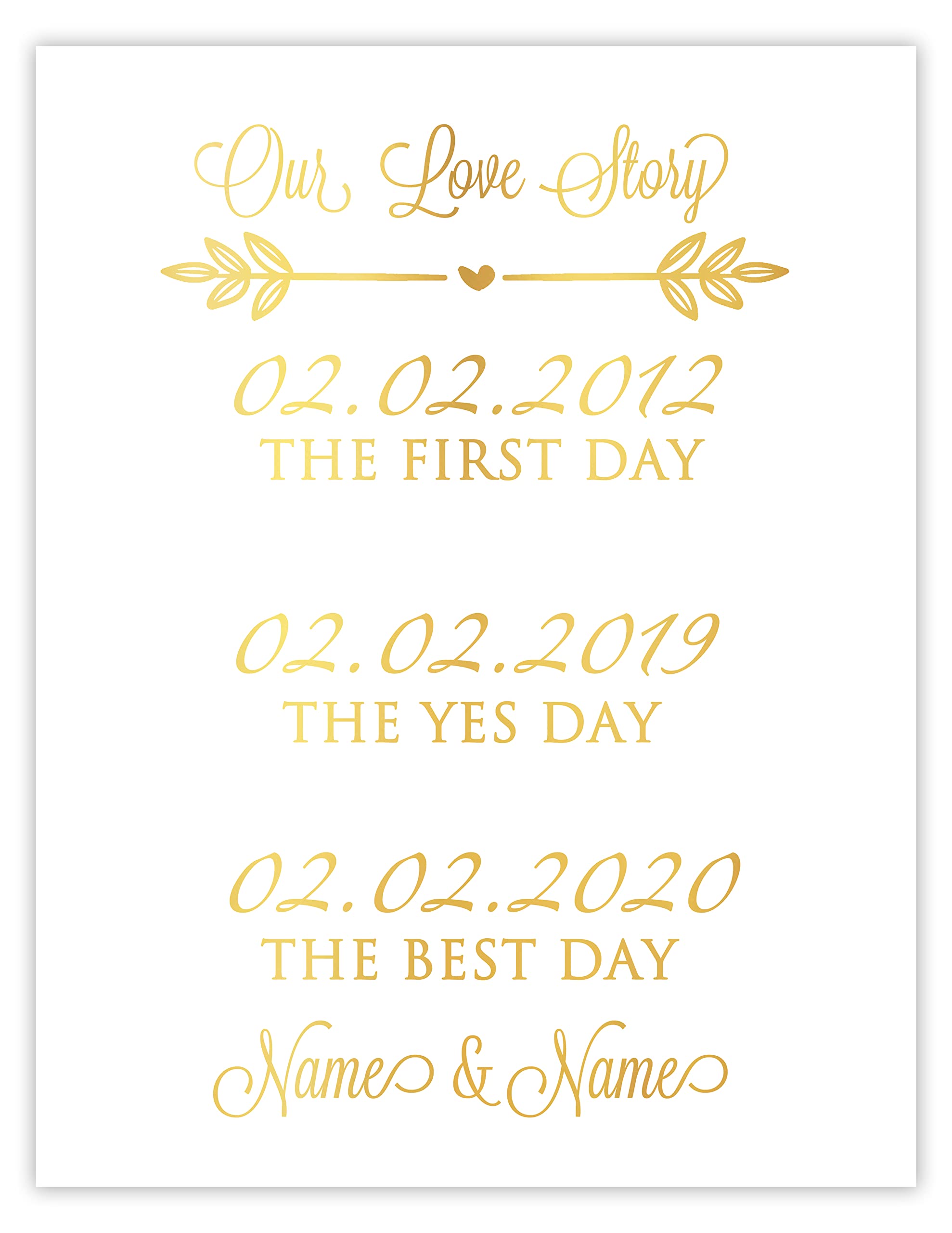 Our Love Story Important Dates Sign, Choose Your Foil Color and Unframed Print Size, Gold Foil Wedding Signs The First Day The Yes Day The Best Day, Anniversary Gift, Romantic Engagement Poster