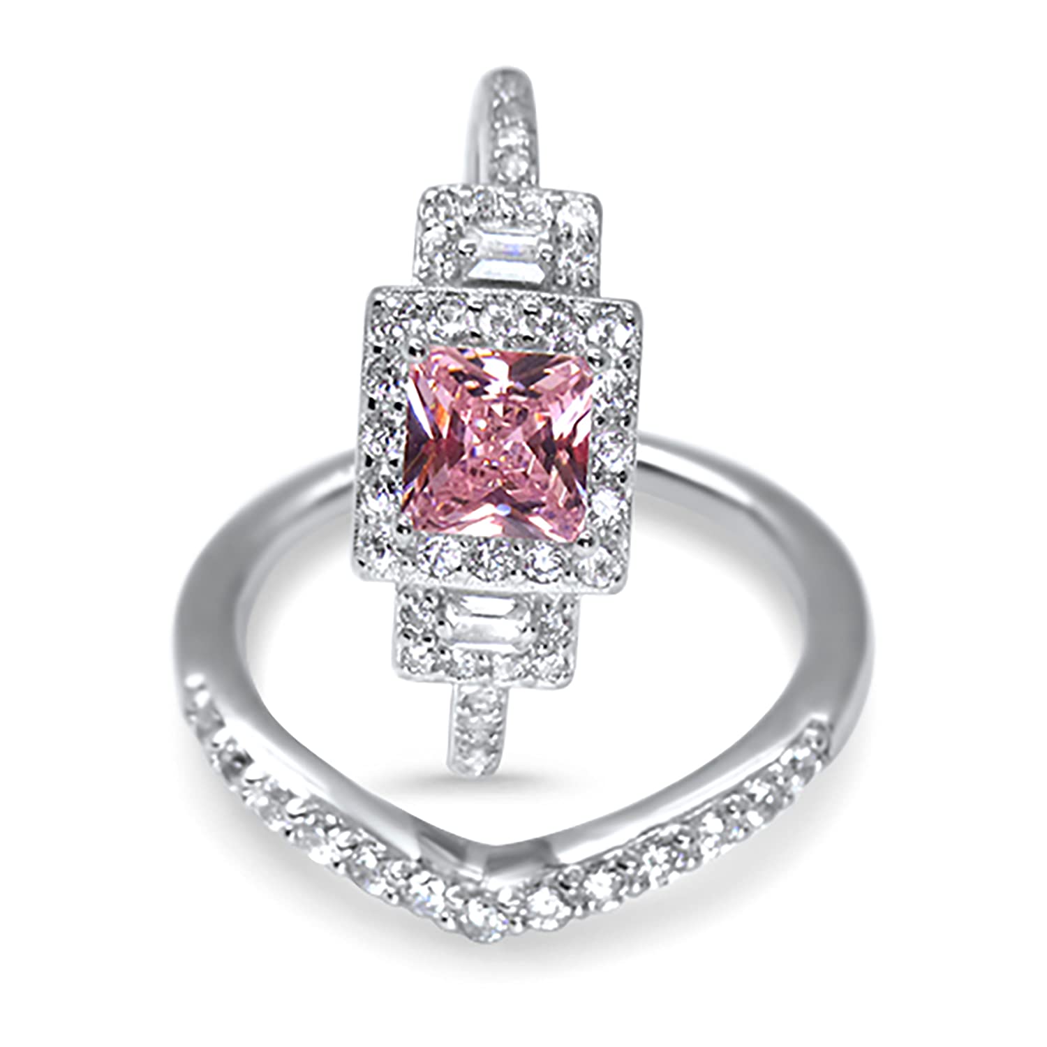 Pink CZ Wedding Ring Set for Women, Simulated Topaz Bridal Engagement Ring Set in Sterling Silver Size 10
