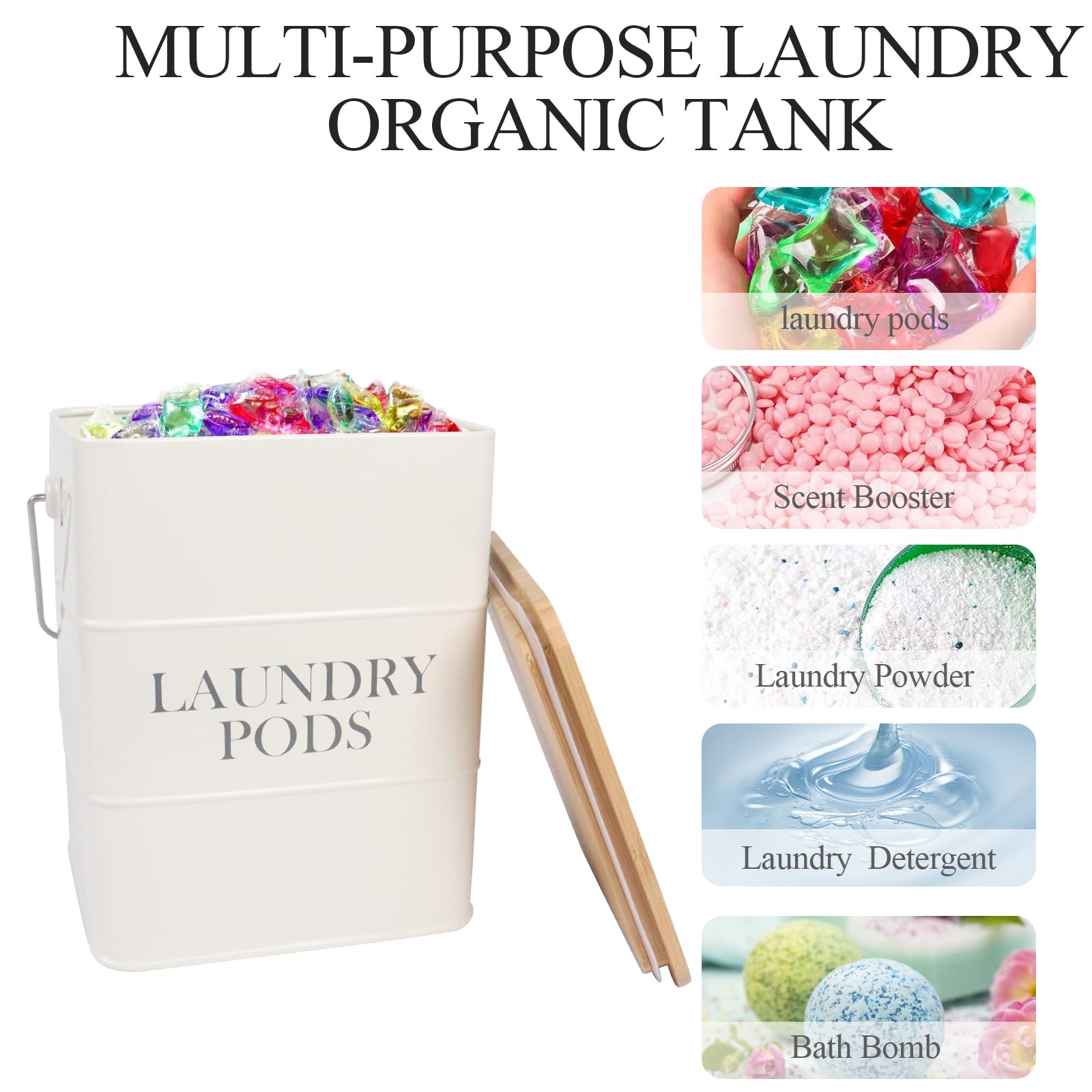 Xbopetda Laundry Pods Container, Metal Laundry Pod Holder with Bamboo Lid, Laundry Detergent Capsules Pods Storage with Scoop for Laundry Room Organization and Storage, Modern Farmhouse Decor, White