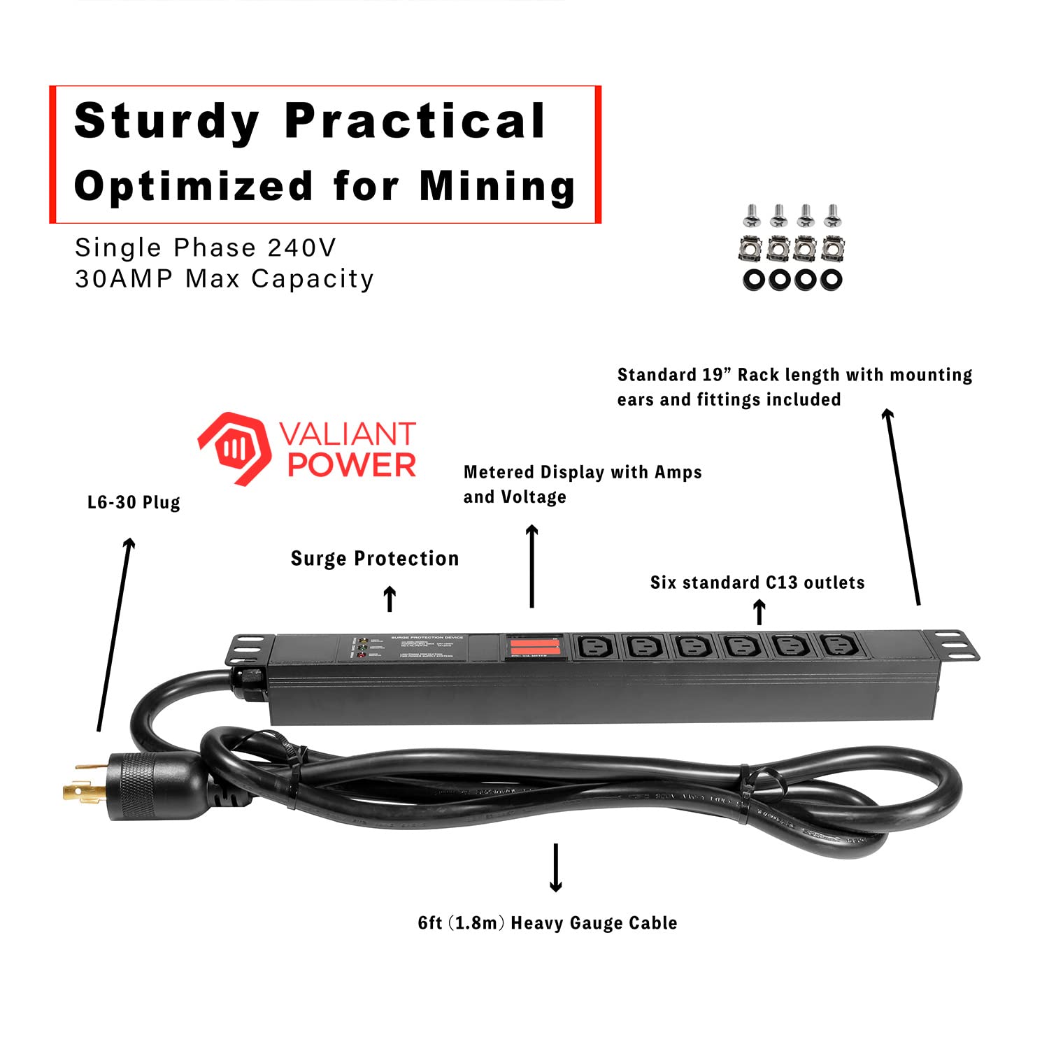 Valiant Power Rack Mount Power Strip - 240V 30A Single Phase PDU with Built-in Surge Protector, Volt & Amp Meter for Data Center - 19β Metal Housing, Ears & Fittings Included, 6β Cable, 6 Outlets