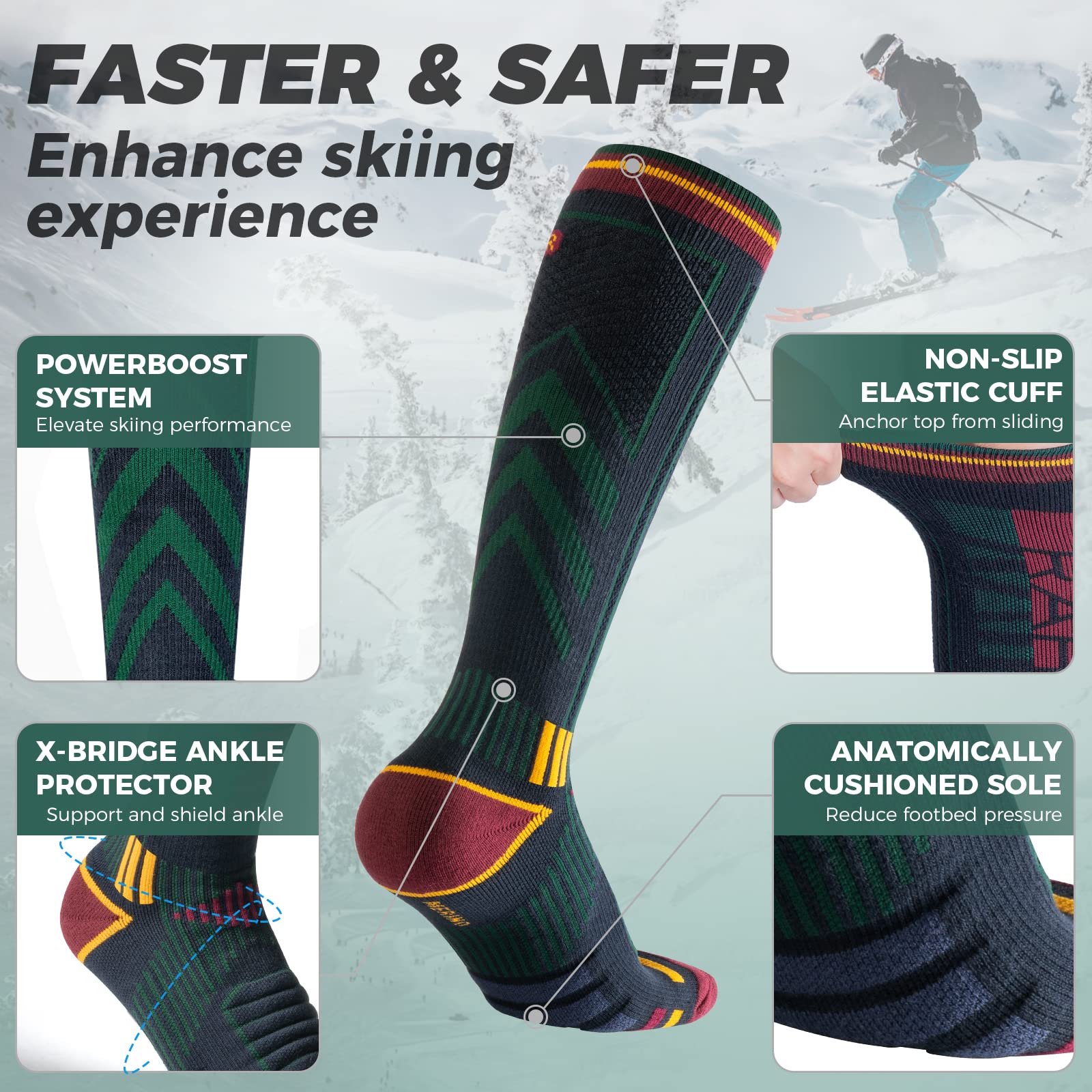 Rahhint Merino Wool Ski Socks 2-Pack, Compression Knee High Thermal Socks Womens Mens for Skiing Snowboarding Cold Weather