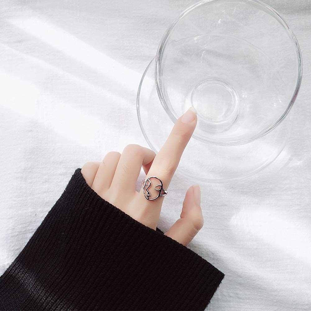 Lovely Human Face Sterling Silver Open Stacking Rings for Women Girls Adjustable Finger Thumb Band Statement Etermity Promise Engagement Ring Birthday Gifts
