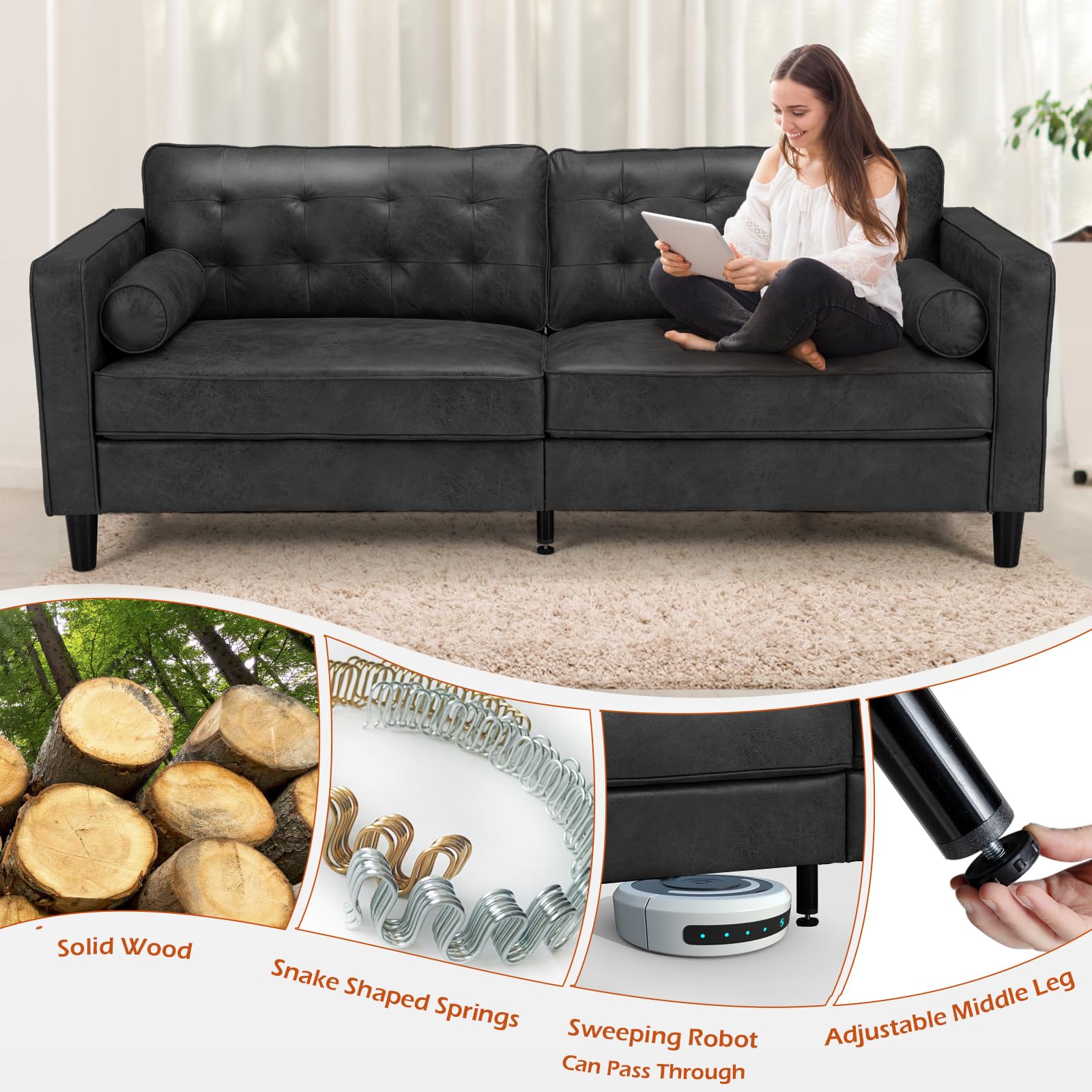 YODOLLA 84.2" Faux Leather Sofa Couch, Mid-Century Modern Sofa with 2 Bolster Pillows, 3 Seats Sofa Vintage Couch for Living Room, Studio and More, Black