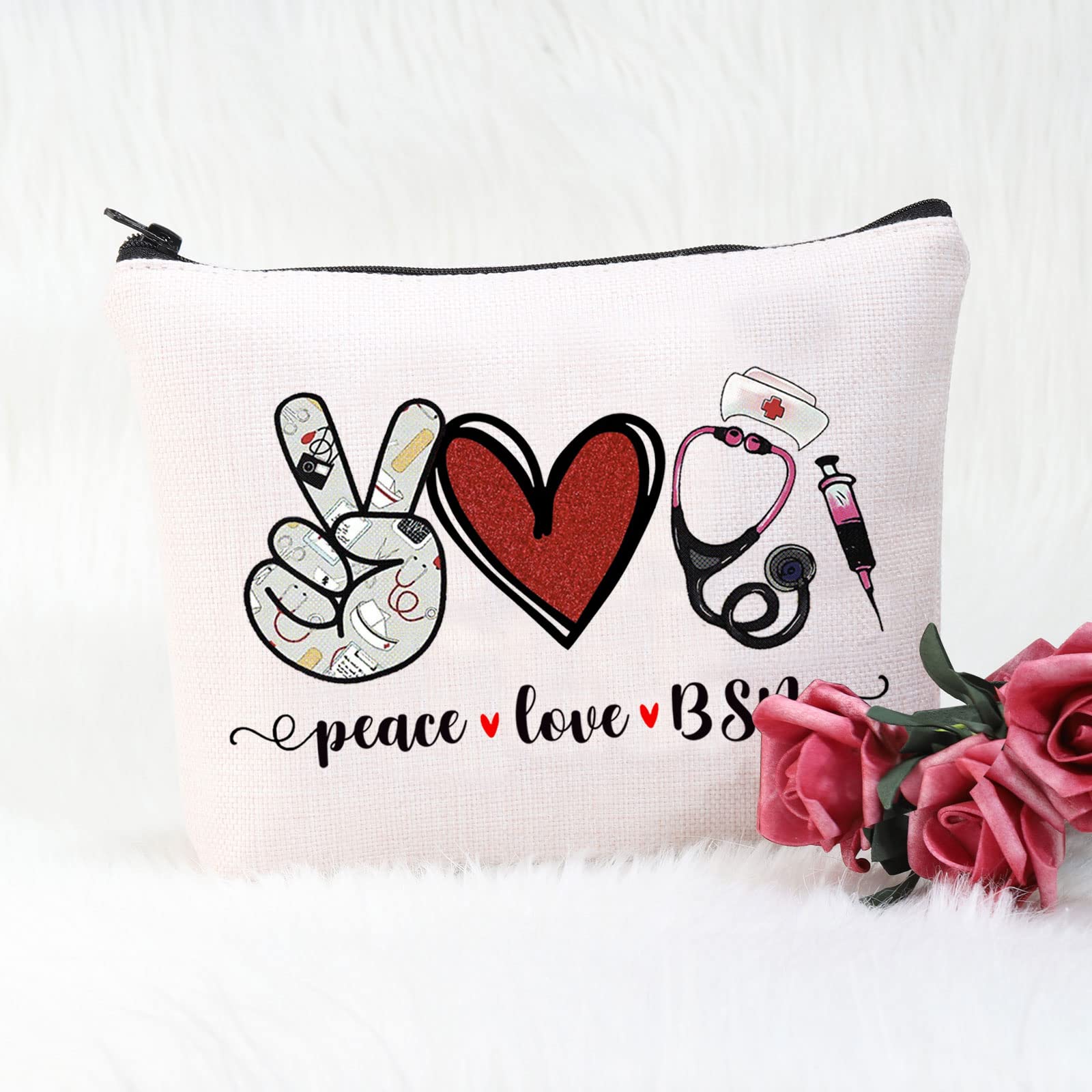 POFULL BSN Nurse Graduation Gift BSN Degree Nursing School Gift Peace Love BSN Cosmetic Bag Happy Nurse Day Gift (peace love BSN bag)