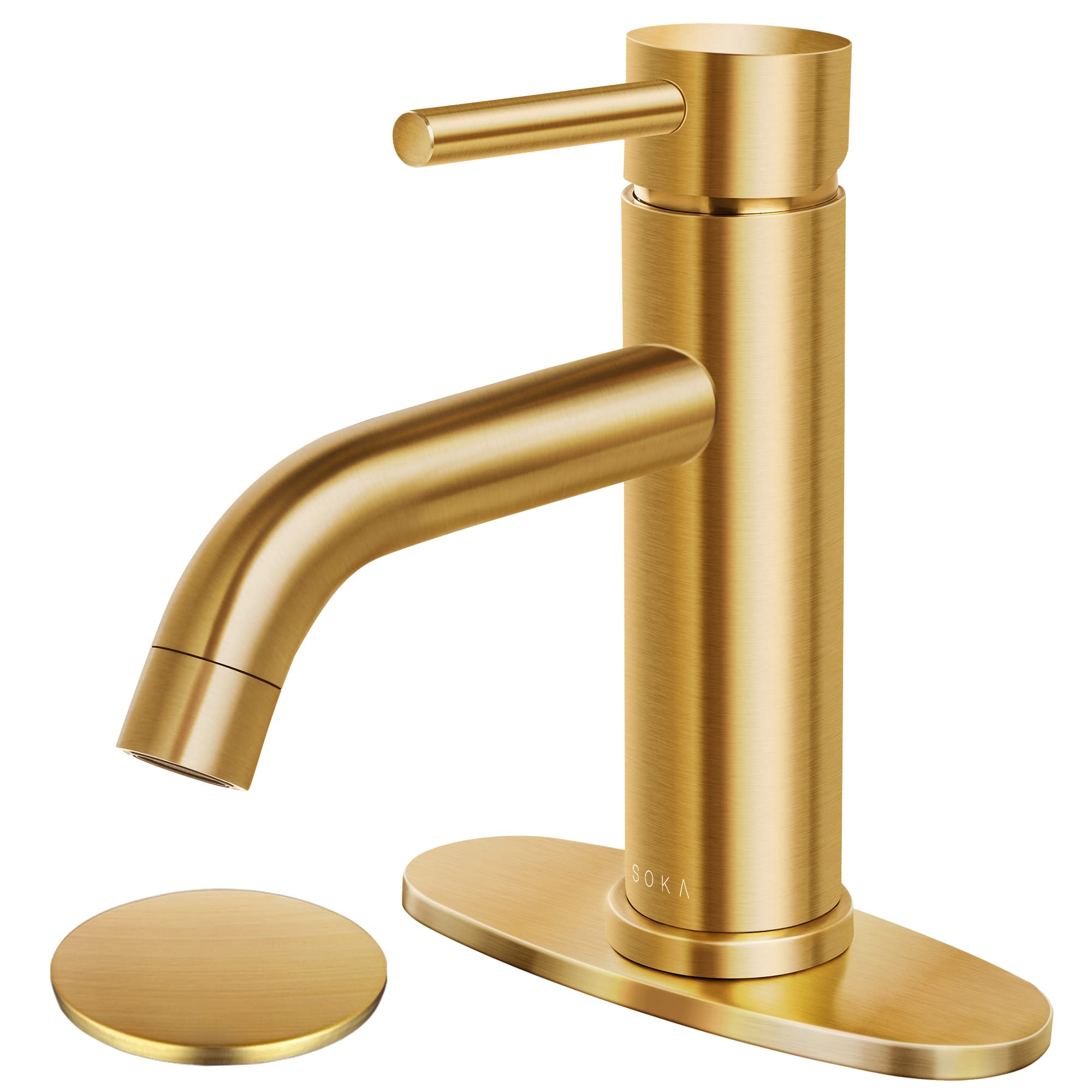 SOKA Bathroom Sink Faucet Single Handle Stainless Steel Lavatory Commercial Bathroom Faucet Bathtub Basin Vanity Faucets with Deck Plate & Pop-Up Drain Assembly Fit for 1 & 3 Hole, Gold