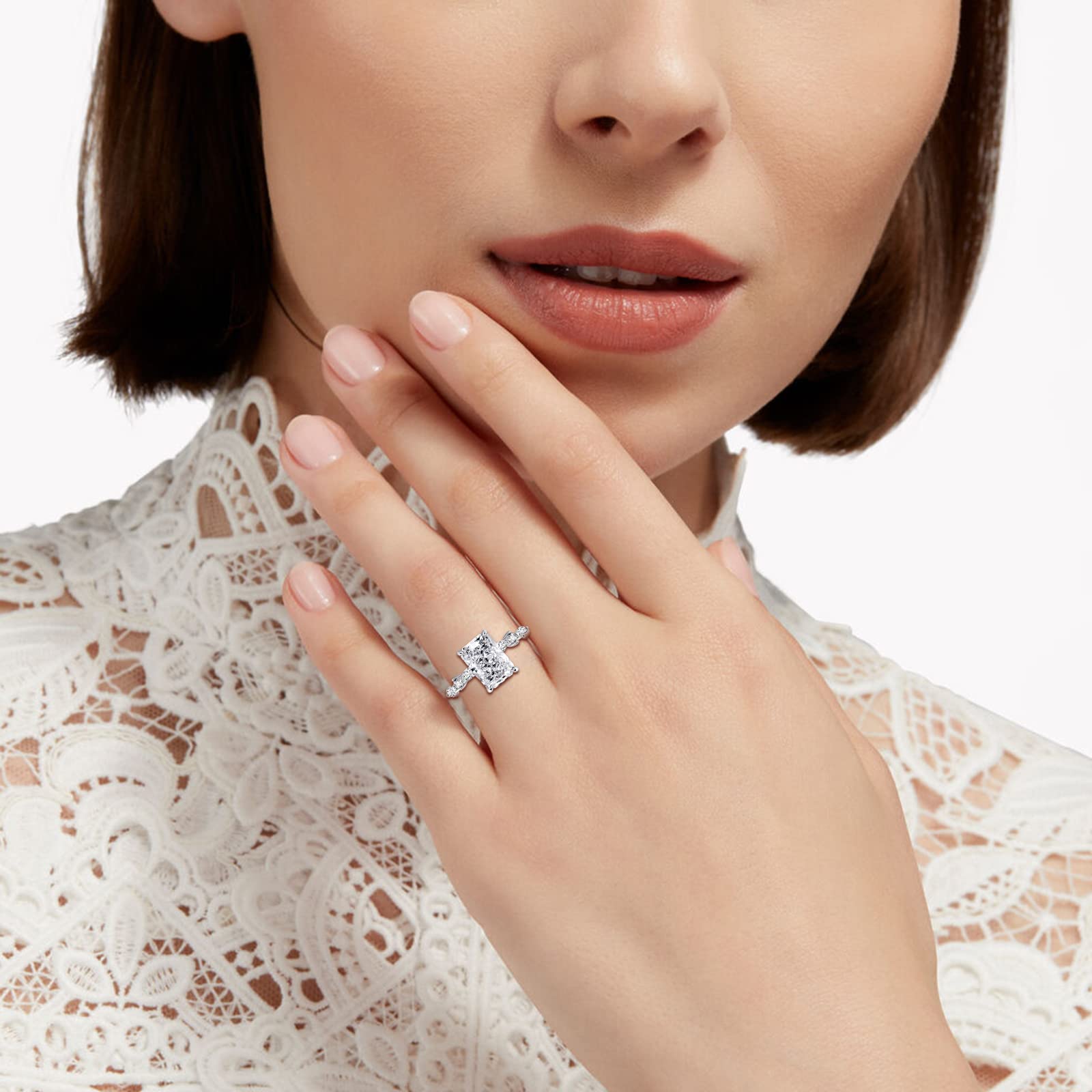 RODIFFY 3.5CT Radiant Cut Engagement Ring for Women, White Sapphire Simulated Diamond,18K White Gold Plated 925 Sterling Silver Promise Ring