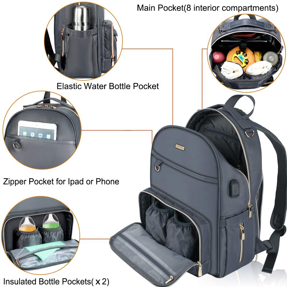 LANDICI Diaper Bag Backpack, Multifunction Travel Back Pack Maternity Baby Changing Bags with Changing Station and USB Charging Port for Mom Dad Boy Girl, Large Capacity, Waterproof, Black