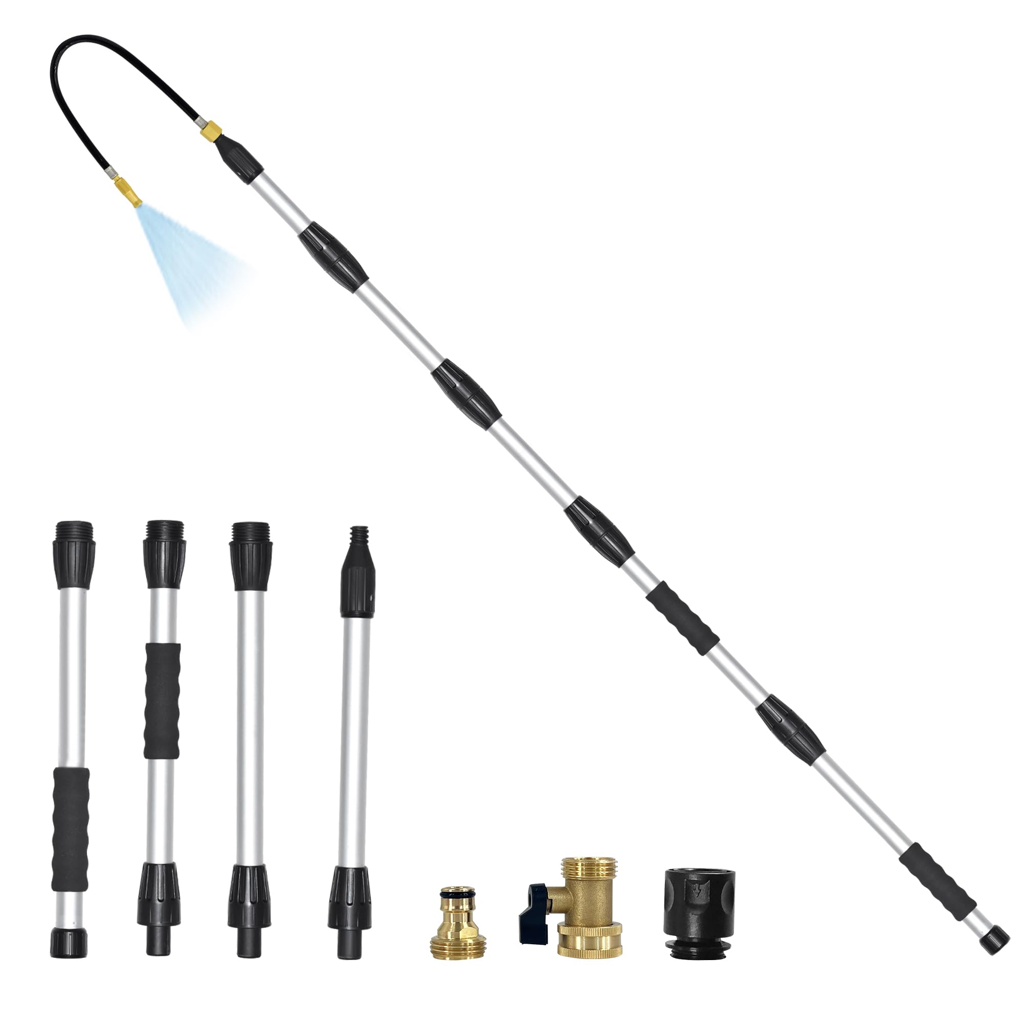 JooMoo Gutter Cleaning Tools from The Ground-Gutter Cleaner with Max 7FT Extension Wand,Gutter Cleaning Wand with Quick Connection Five Extension Gutter Cleaning Poles for Garden Hose