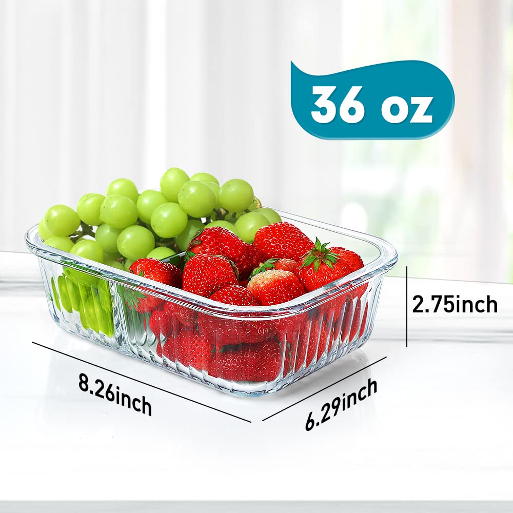 KOMUEE Glass Meal Prep Containers 2 Compartments, 5 Packs 36 oz, Airtight Glass Lunch Bento Box with Lids, Glass Food Storage Containers, BPA Free, Microwave, Freezer and Dishwasher Friendly