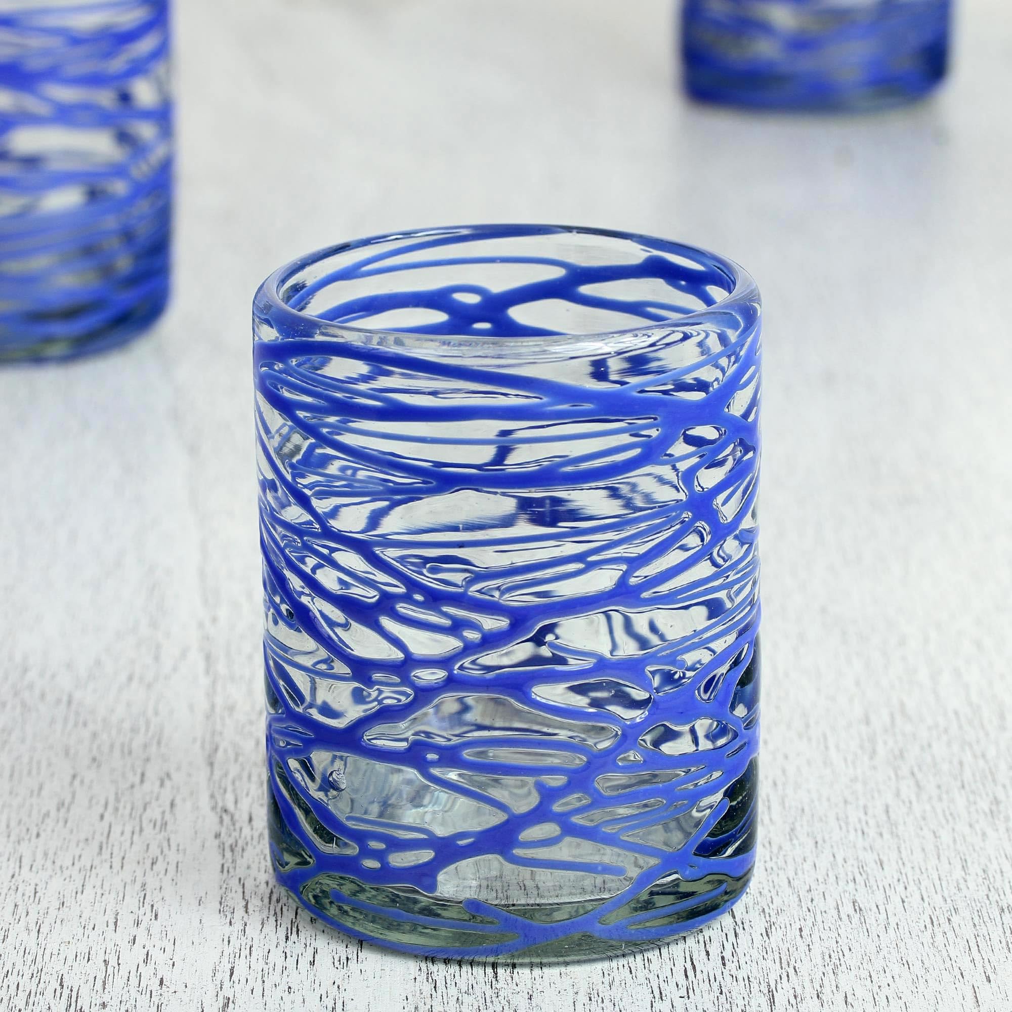 NOVICA Artisan Handblown Glass Rock Sapphire Blue Swirl Mexico Tableware Drinkware 'Sapphire Swirl'(Set of 6)