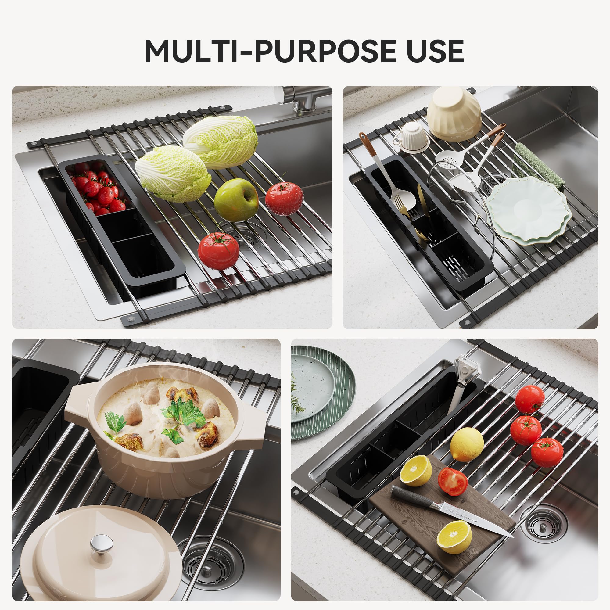 Yofidra Expandable Roll-Up Dish Drying Rack (Up to 19.6") with Expandable Storage Basket, Over-The-Sink Dish Drainer Drying Rack, Foldable Stainless Steel Kitchen Drainer - Black