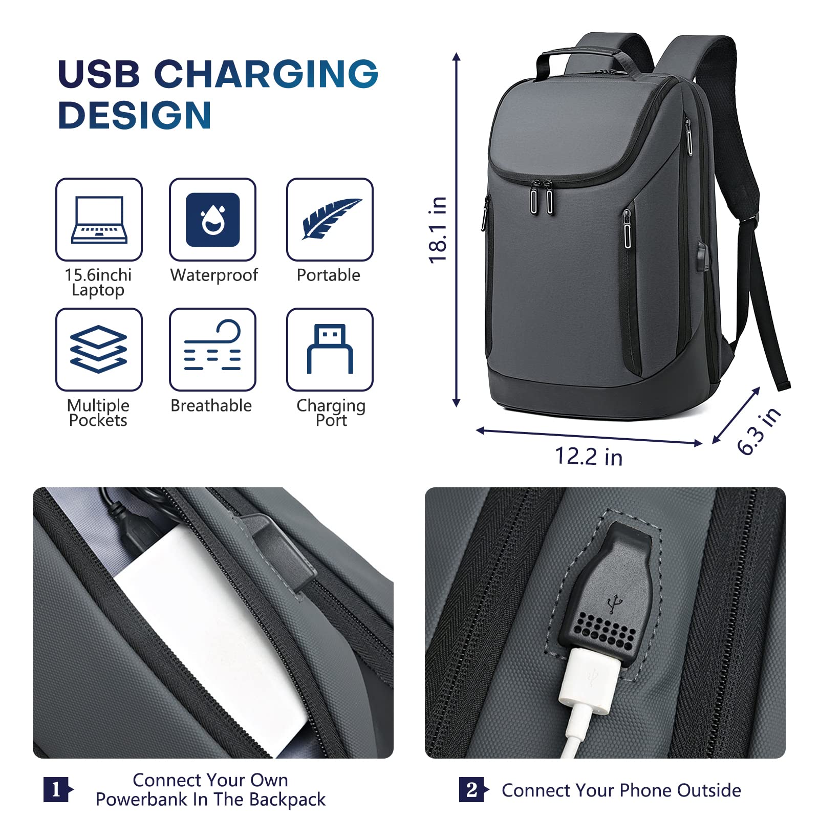 Konelia Slim Business Smart Backpack for Men Waterproof fit 15.6 Inch Laptop Travel Backpack with USB Charging Port