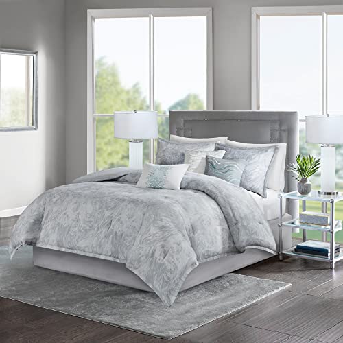 Madison Park Emory Cozy Cotton Comforter Set, Modern Marble Design All Season Down Alternative Casual Bedding with Matching Shams, Decorative Pillows, King(104"x92"), Grey 7 Piece